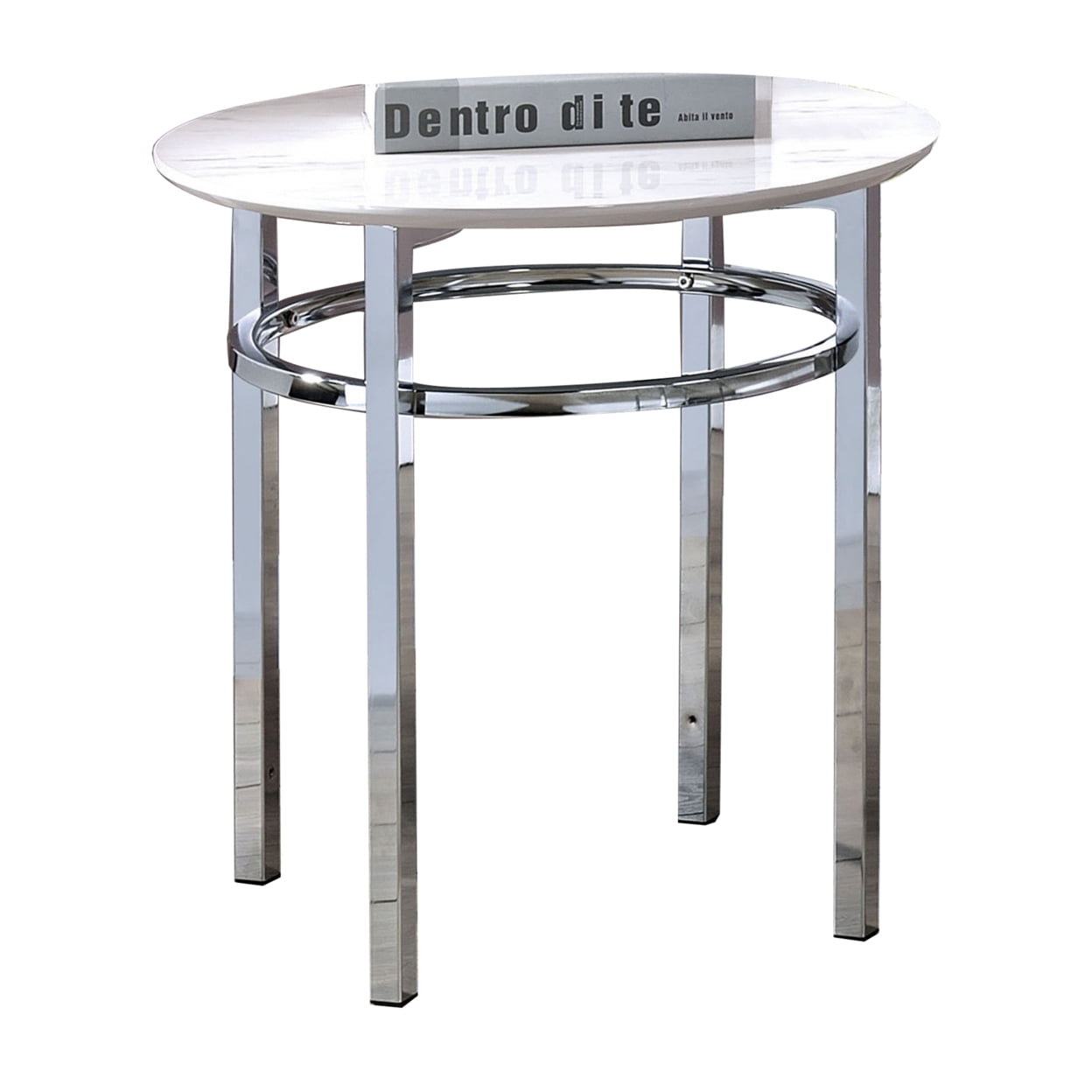 23 Inch Round Faux Marble Top End Table, White and Chrome- Saltoro ...