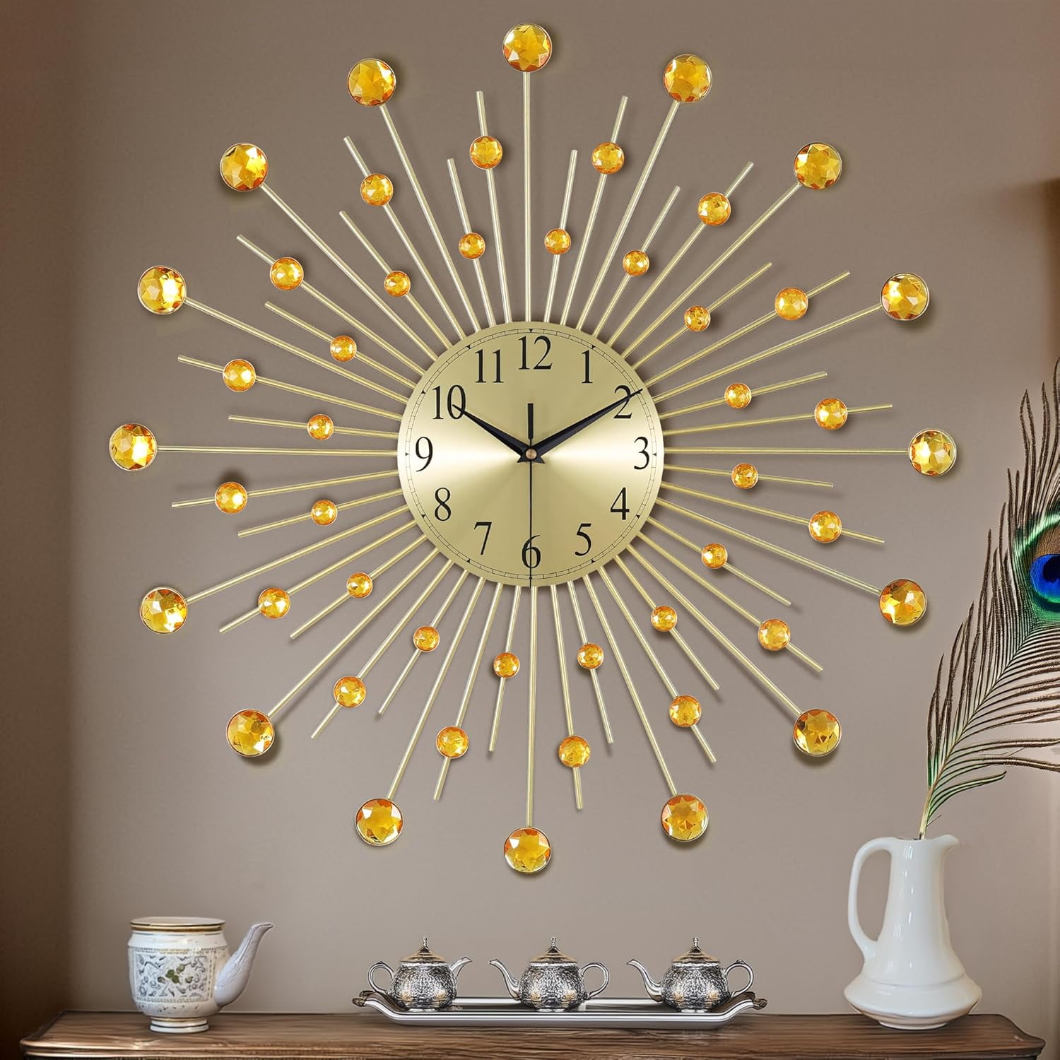 23 Inch Silent Metal Bling Crystal Sunburst Wall Clock Gold Battery ...