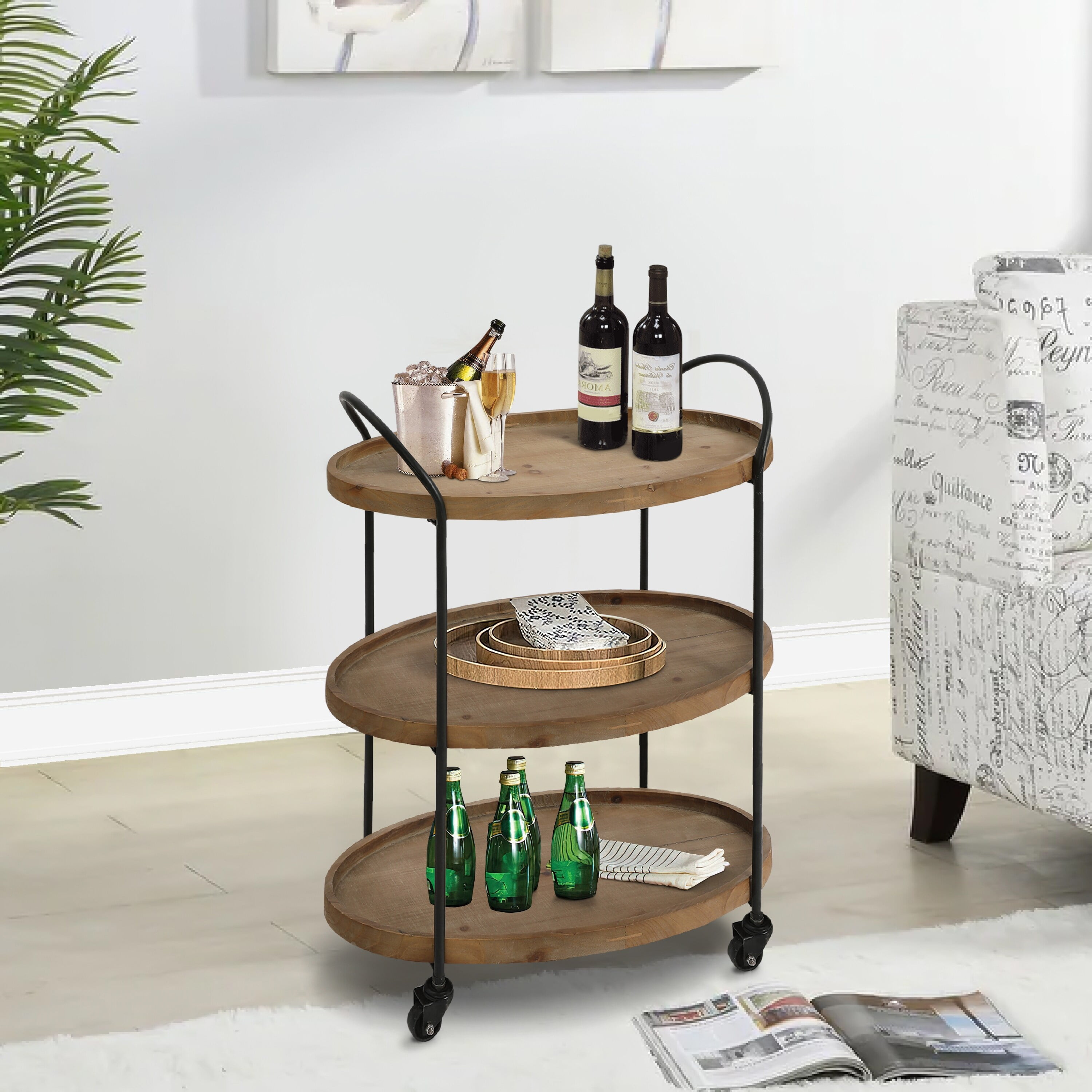 23 Inch Wood Bar Cart with 3 Tier Storage Trays and Metal Frame, Brown ...