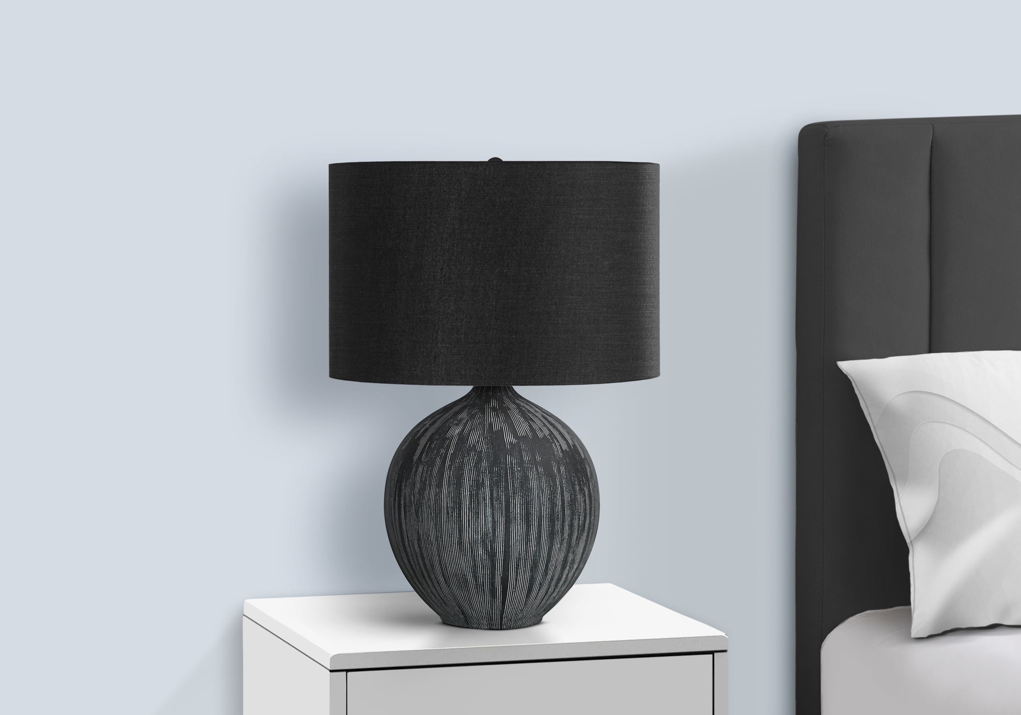 23" Modern Black Table Lamp - Textured Ceramic Base, Black Drum Shade ...