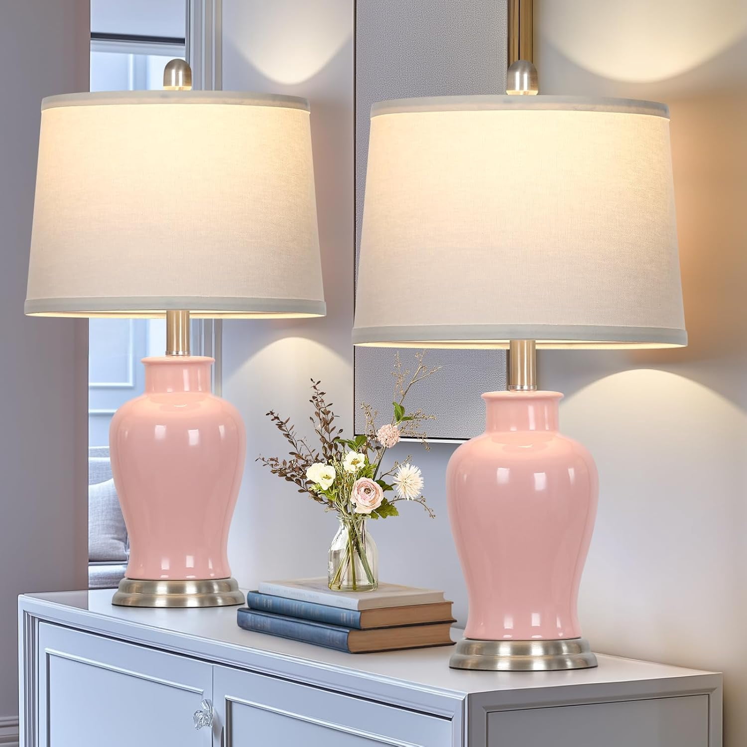 23" Modern Ceramic Table Lamps Set of 2, Pink Bedside Lamps for Living ...