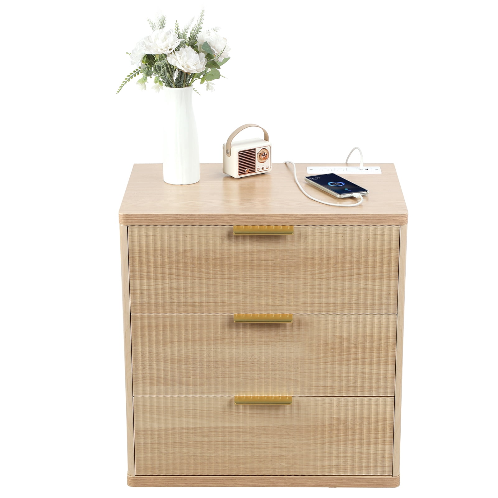 23" Modern Night Stand, Fluted Nightstand with Charging Station, 3 ...