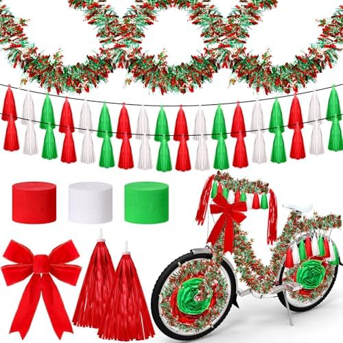 23 Pcs Christmas Bike Decorations Set 15 Tassel Garlands 3 Rolls Crepe ...