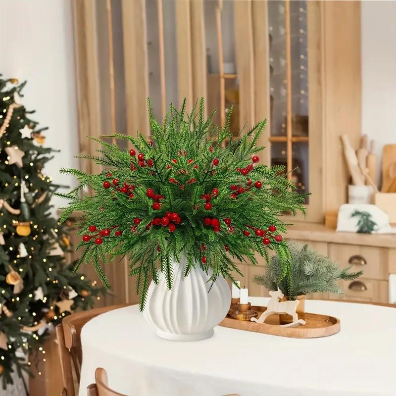 23 Pcs Christmas Norfolk Pine Branches with Red Berry Stems- 14 ...
