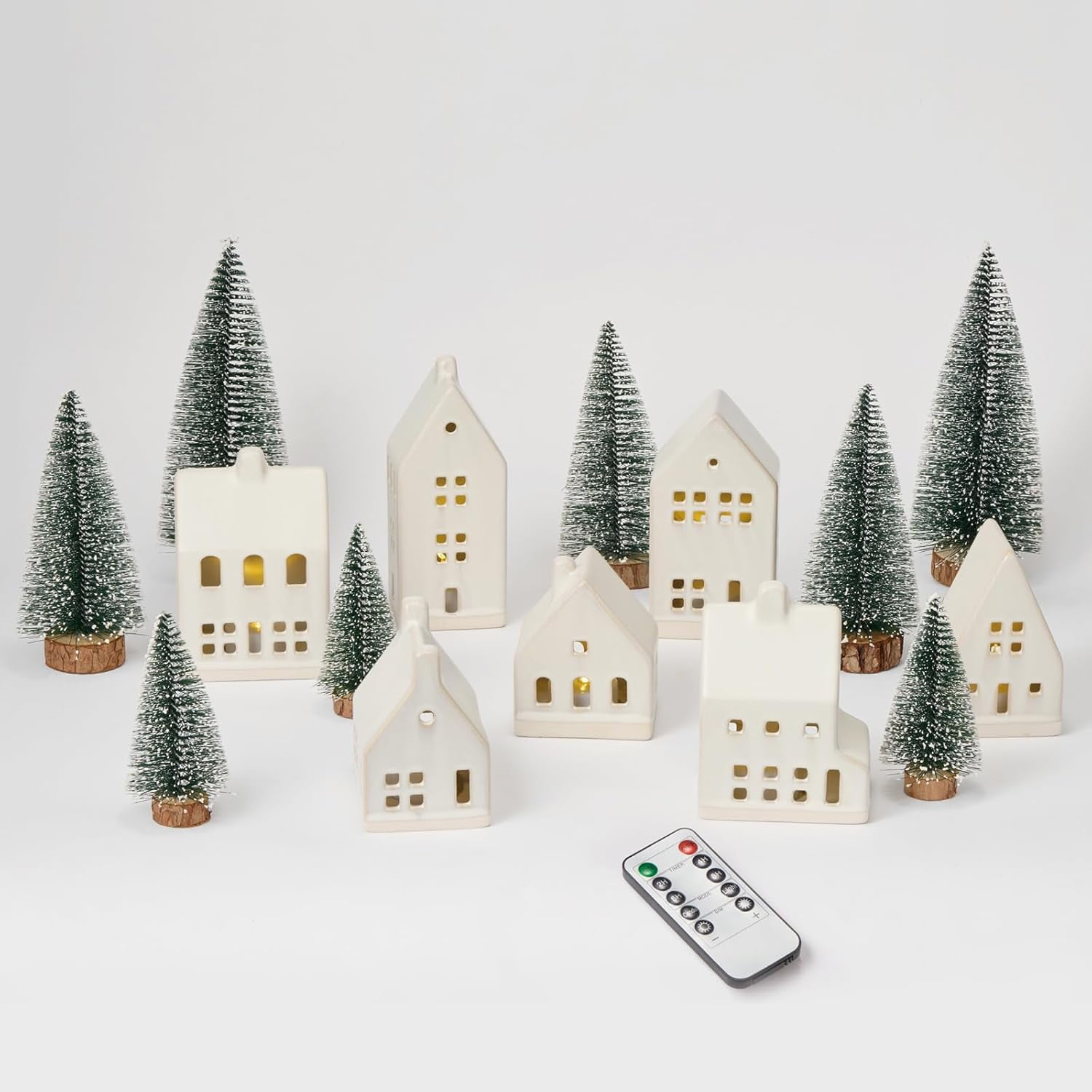 23 Pcs Christmas Village Set - 7 White Ceramic Houses with Remote LED ...