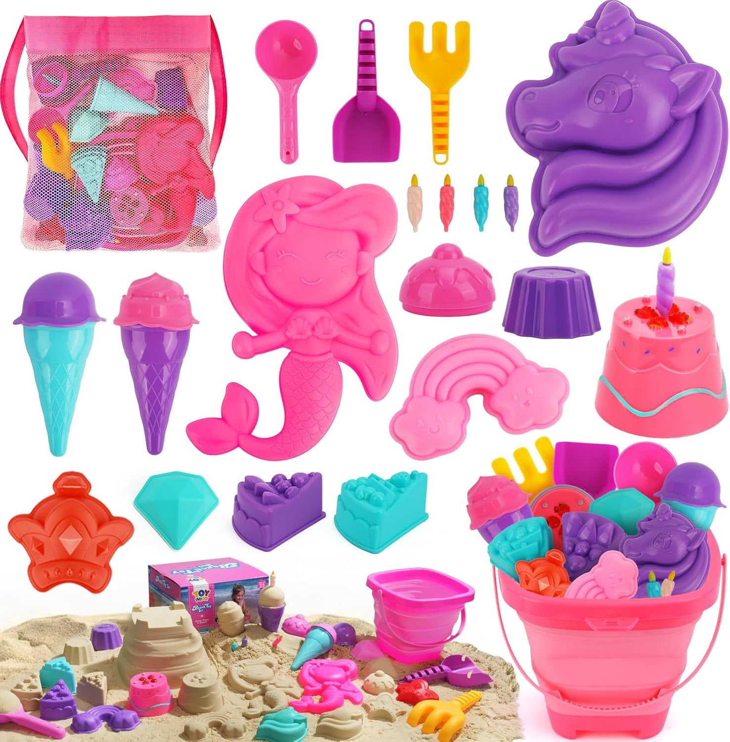 23 Pcs Unicorn Beach Toys for Kids Ages 4-8 Collapsible Sand Toys with ...