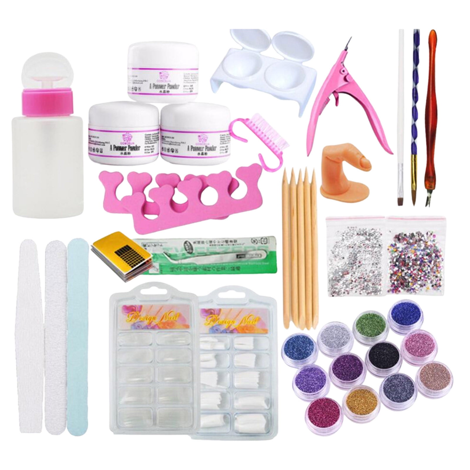 23 Piece Set Acrylic Nail Kit For Beginners Includes 12 Glitter Colors ...