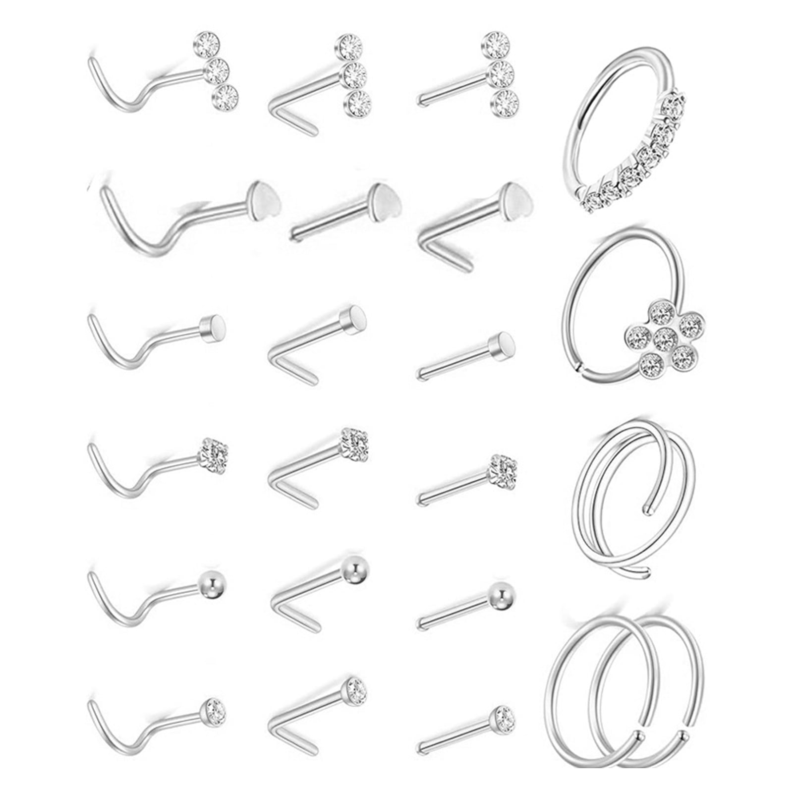 23 Pieces Comfortable Nose Studs Set Stainless Steel Cubic Zirconia 7mm ...