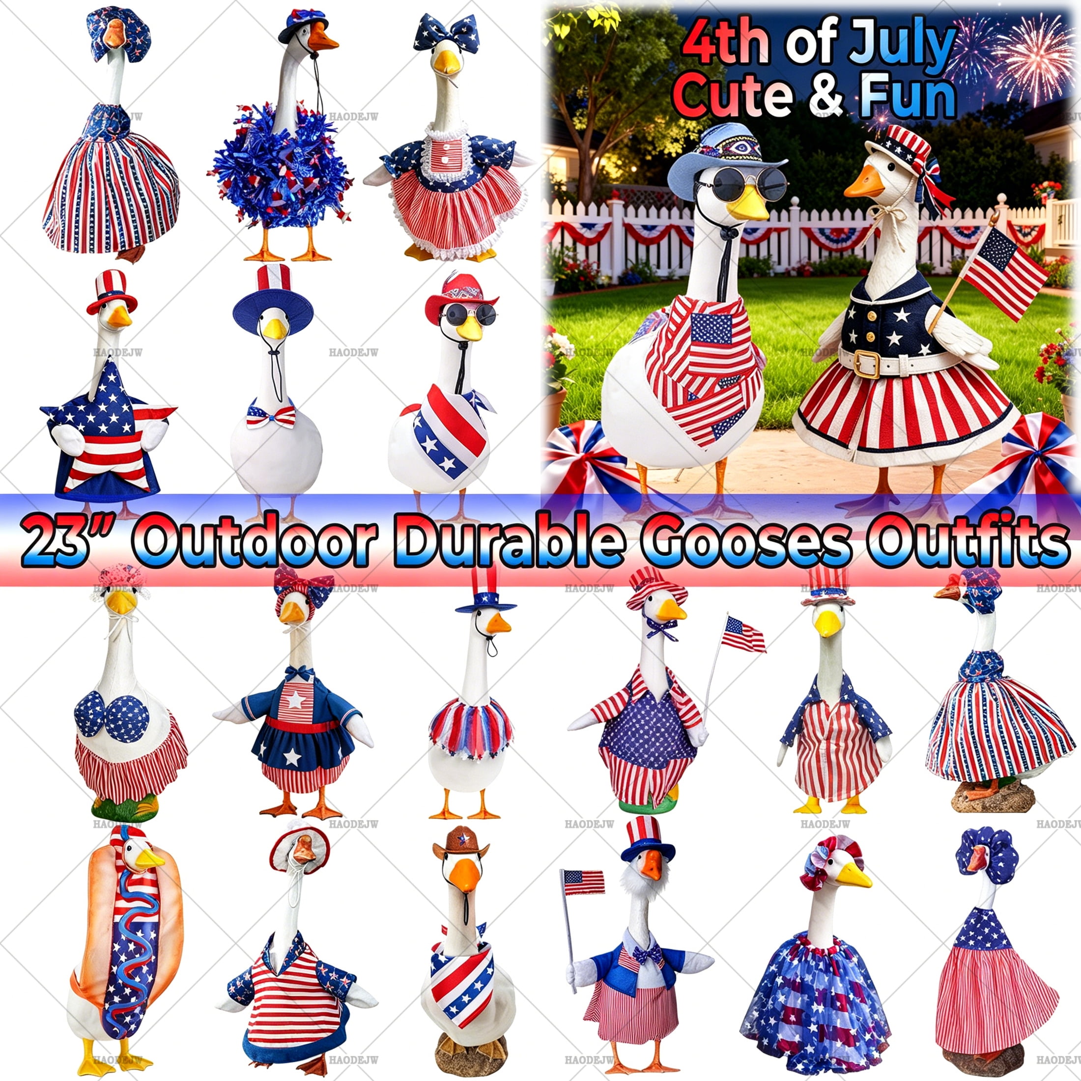 23" Porch Goose Outfits, 4th of July Patriotic Star Shirt & Top Hat Set ...