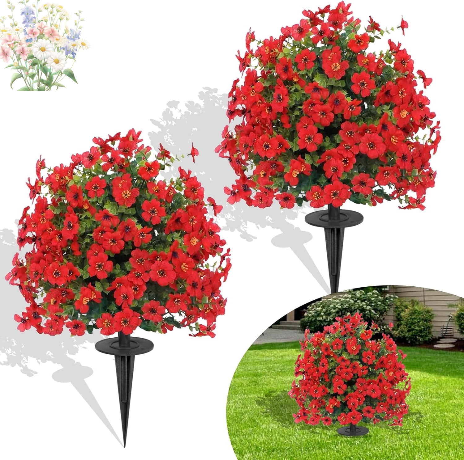 23" Set of 2 Artificial Boxwood Topiary Ball with Violet Flowers with Spikes for Outdoor , UV ...