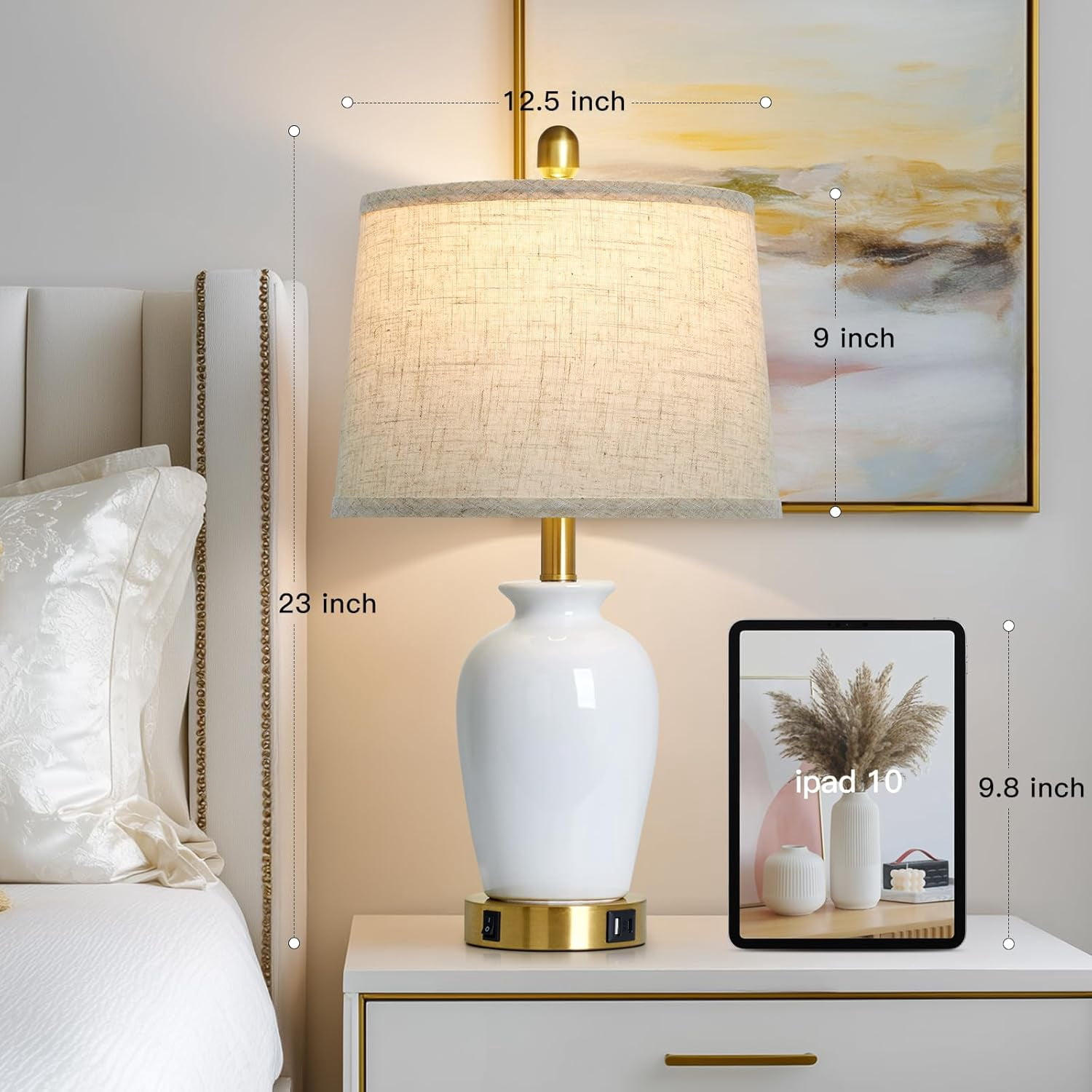 23" Set of 2 White Ceramic Pot Table Lamp, Bedside USB Lamps for Living ...