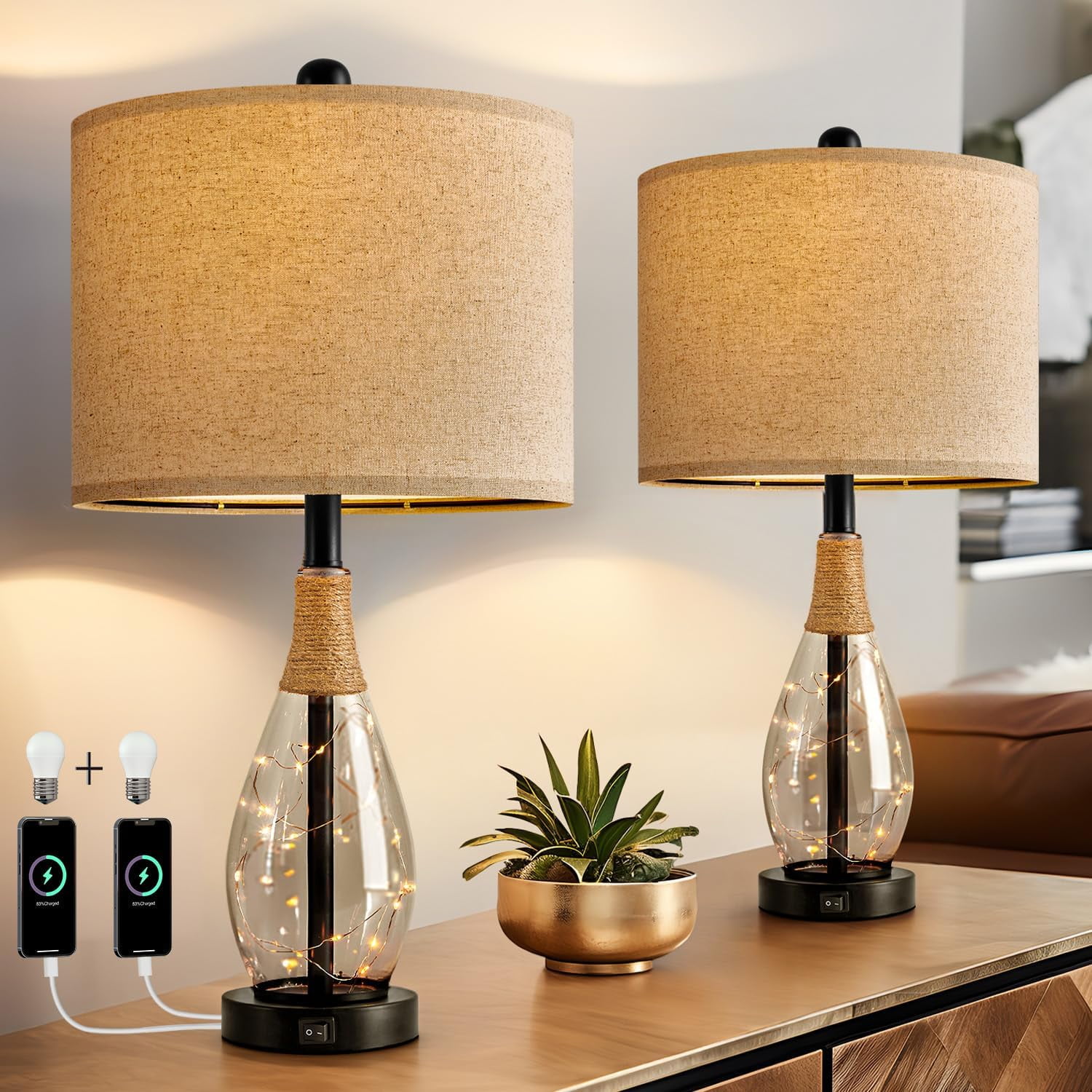 23" Table Lamps for Living Room Set of 2 Bedside Lamps for Night Stands ...