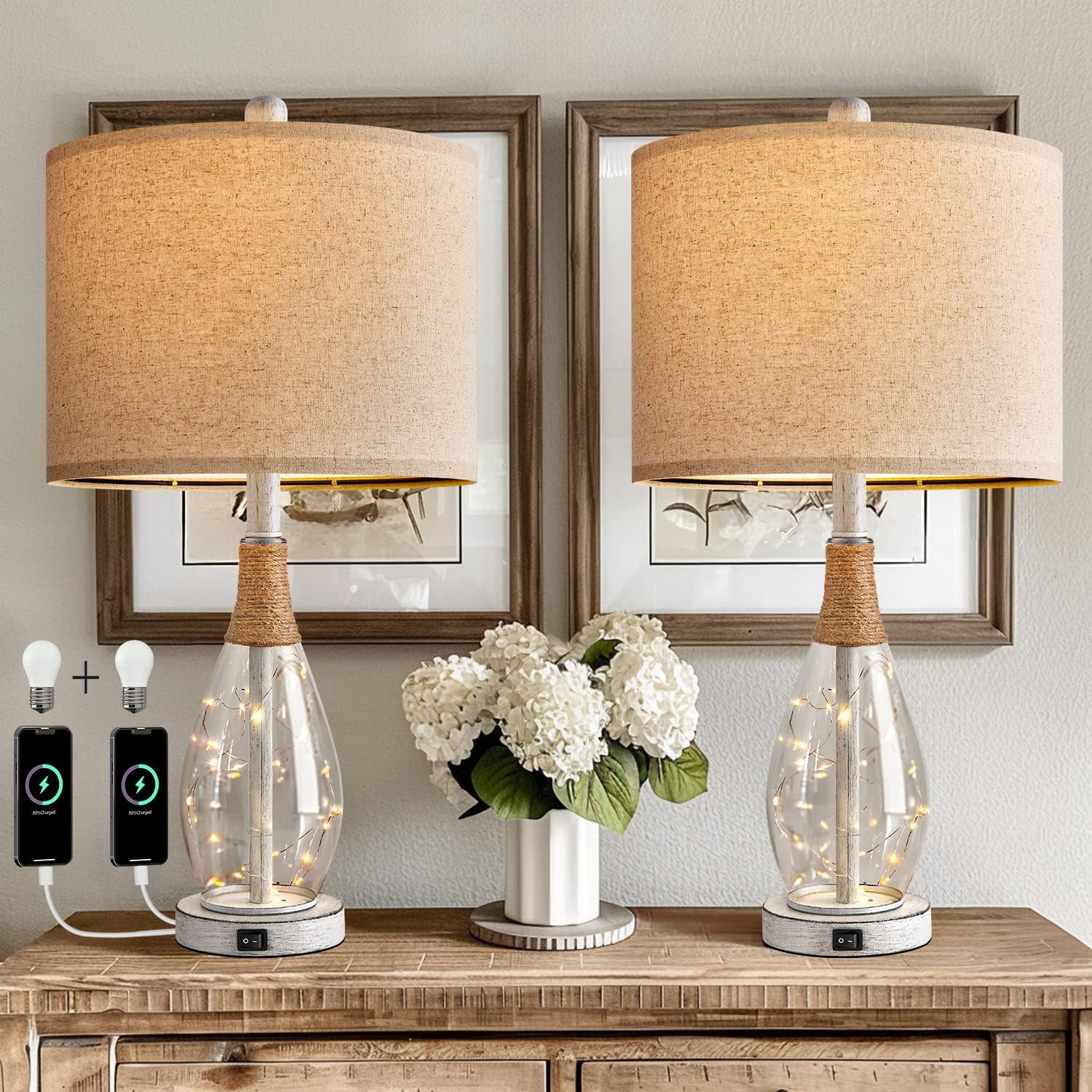 23" Table Lamps for Living Room Set of 2 Bedside Lamps for Night Stands ...