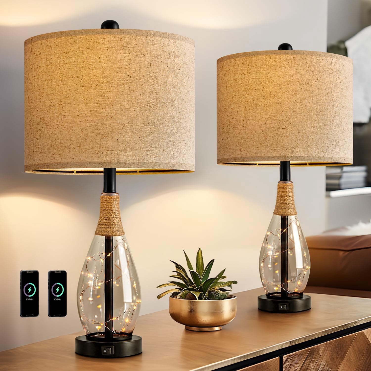 23" USB A+C Table Lamp Sets of 2 Modern Bedside Lamps Retro Farmhouse ...