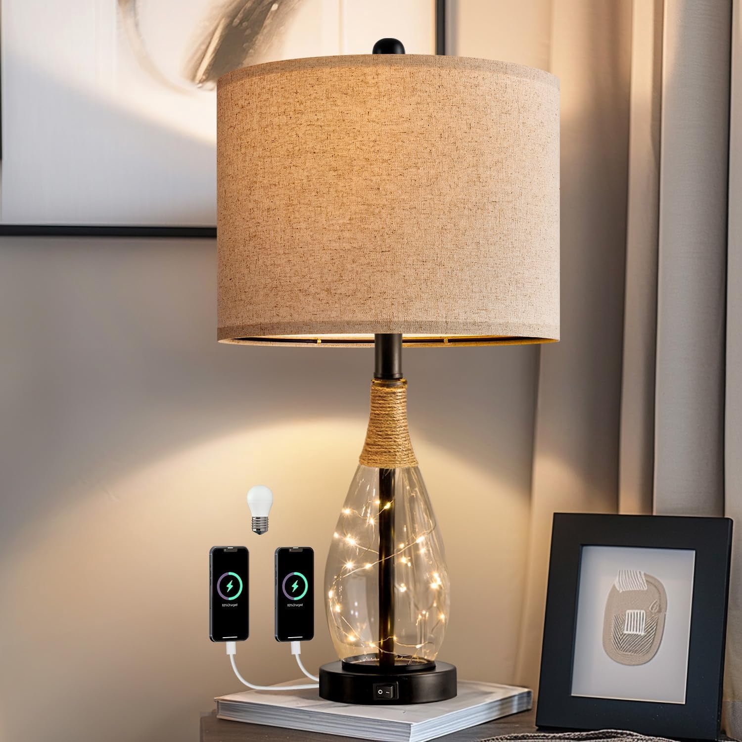23" USB A+C Table Lamp for Bedroom Living Room Modern Bedside Lamps ...
