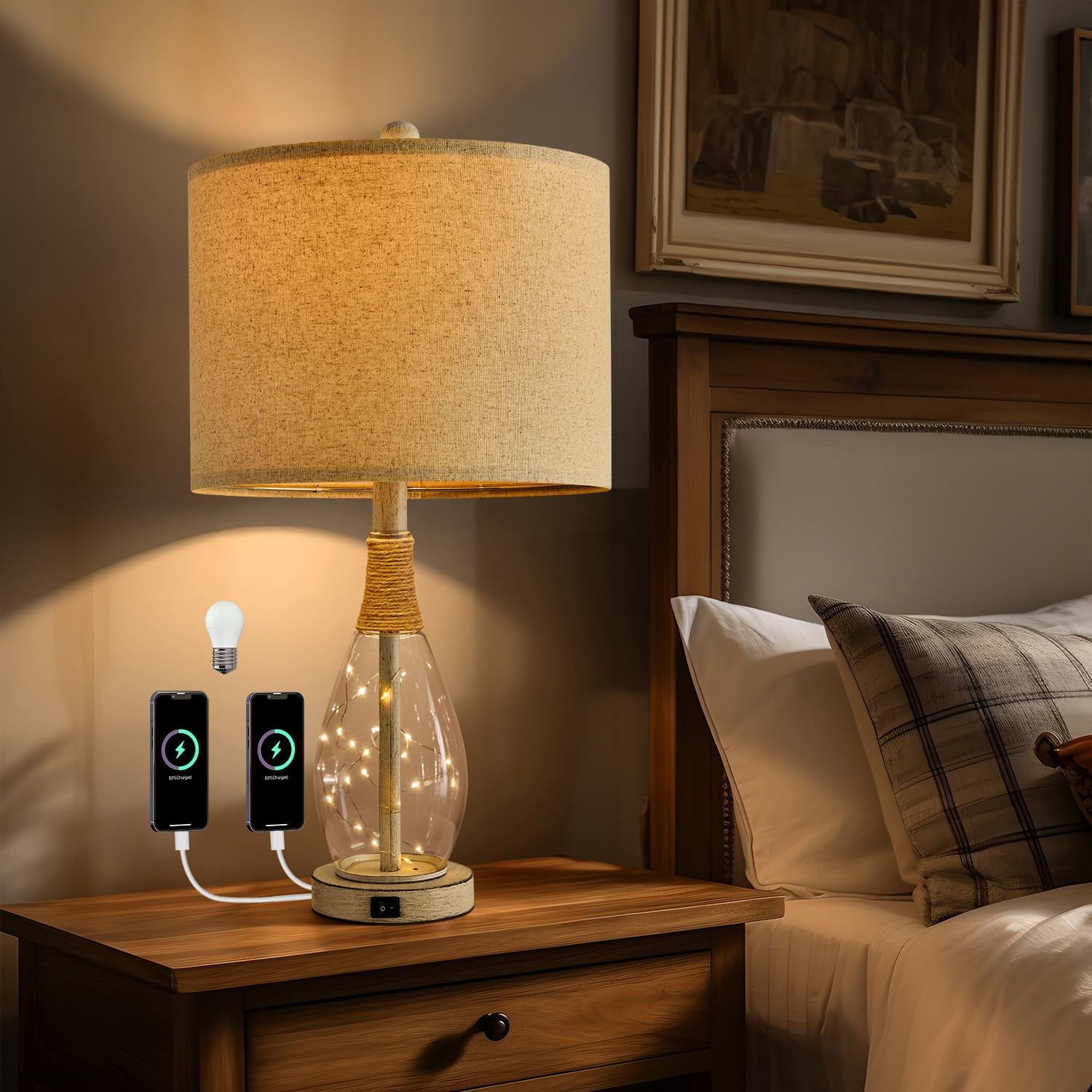 23" USB A+C Table Lamp for Bedroom Living Room Modern Bedside Lamps ...