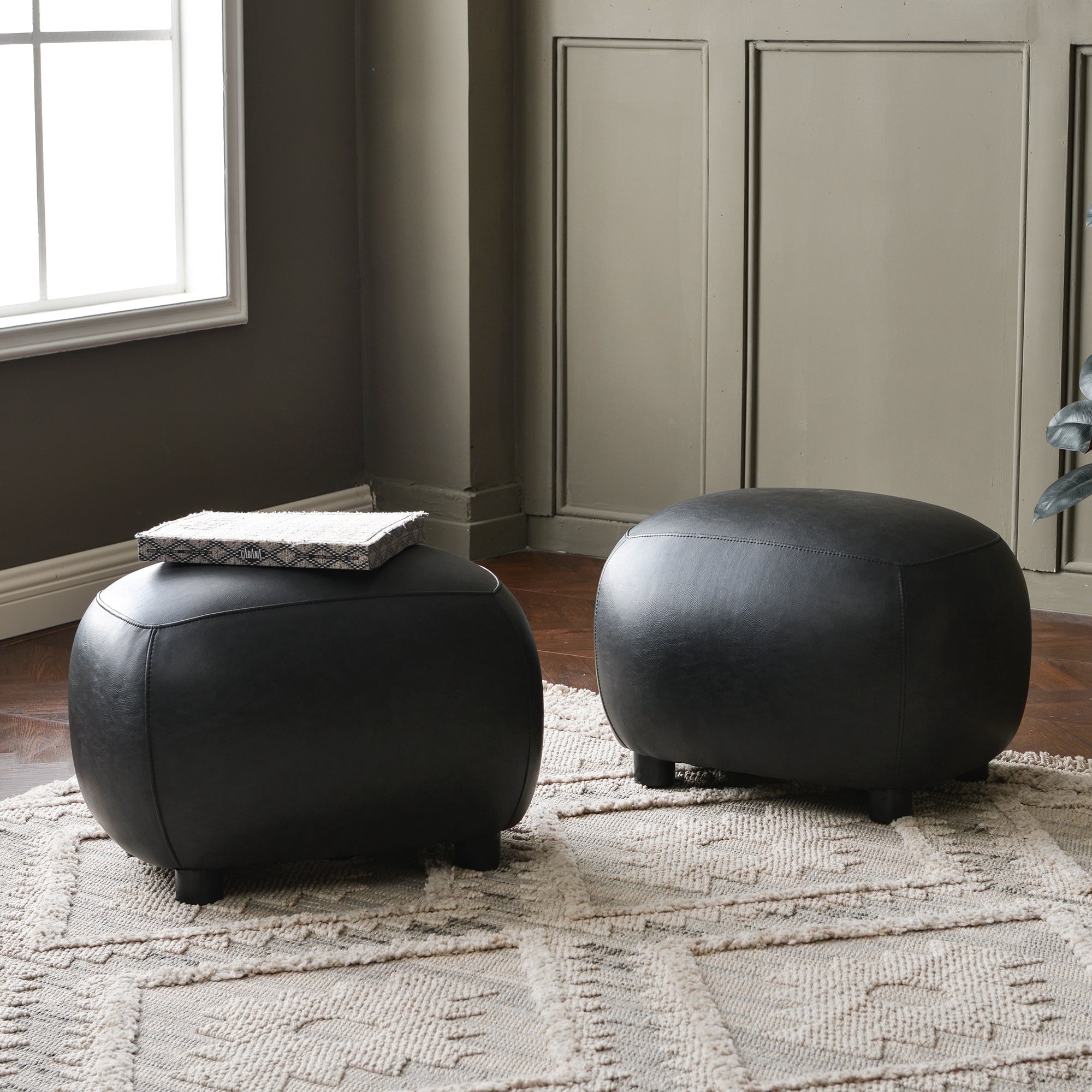 23" Wide Faux Leather Upholstered Ottoman Set of 2, Mid-Century Modern ...