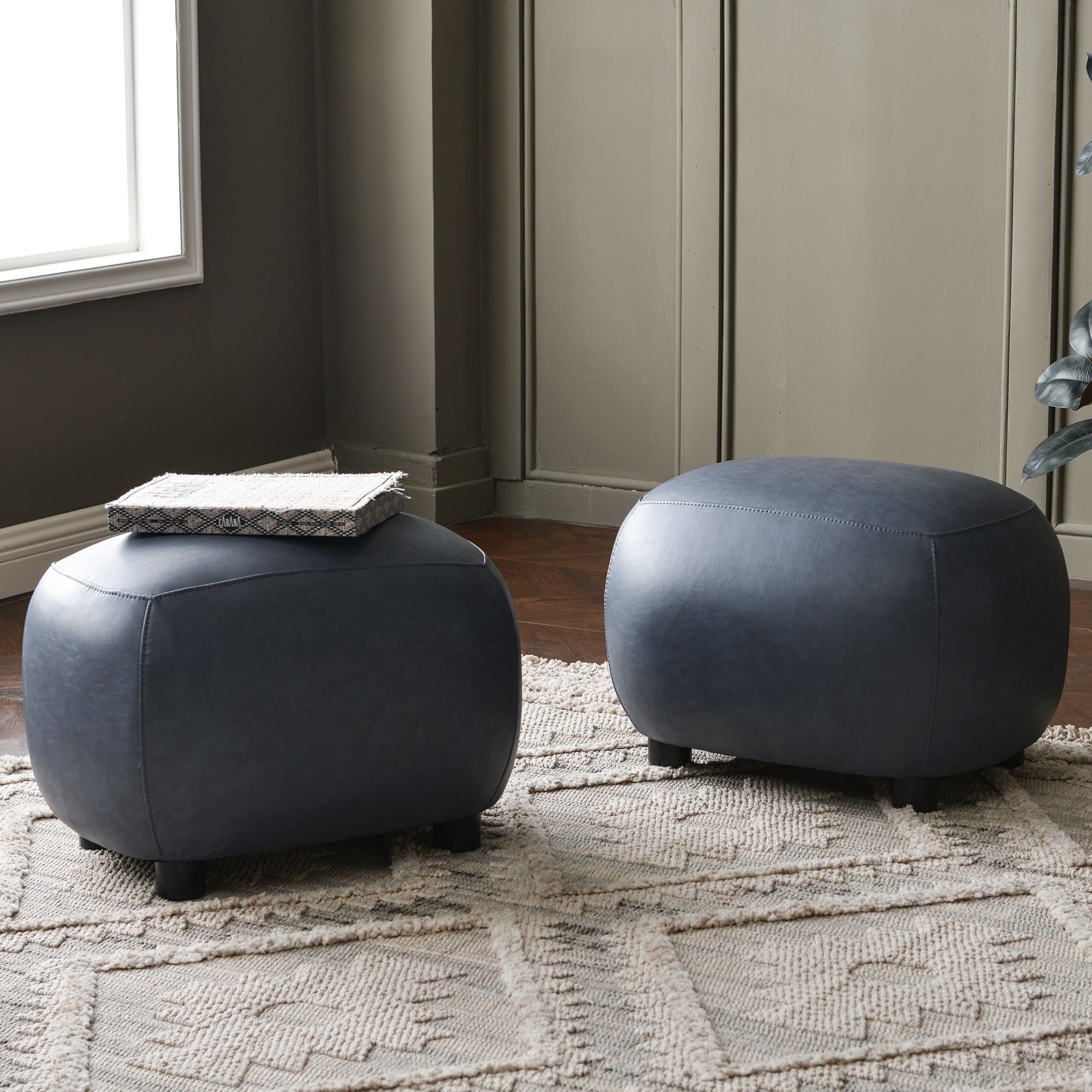 23" Wide Faux Leather Upholstered Ottoman Set of 2, Mid-Century Modern ...