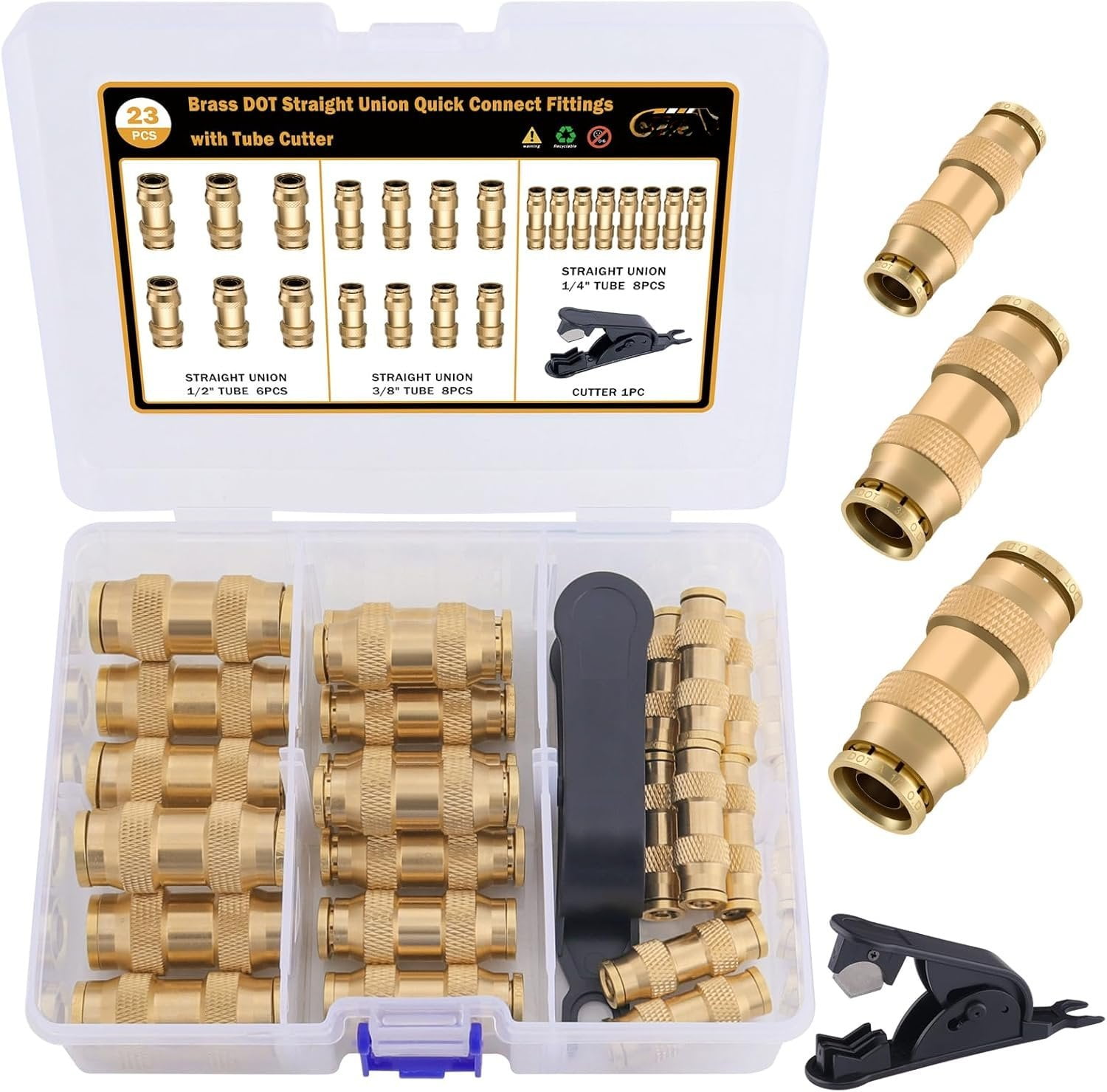 23 count Brass DOT Air Line Fittings Kit 1/4 3/8 1/2 DOT Quick Connect ...