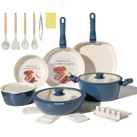 23 count Ceramic Cookware Set Non Pots and Pans Set Non with Detachable ...