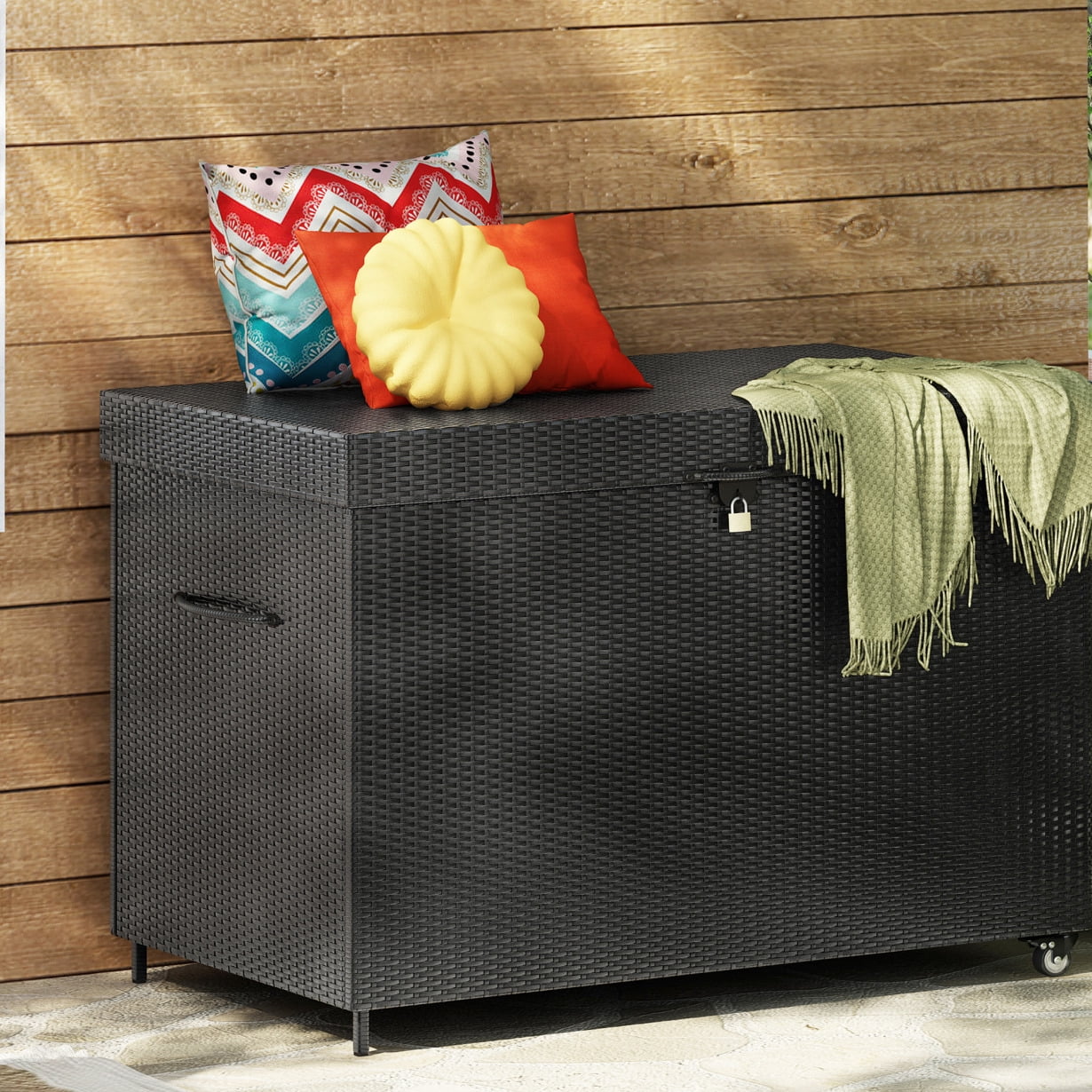 230 Gallon Wicker Deck Box with Wheels, All-Weather Outdoor Storage Box ...