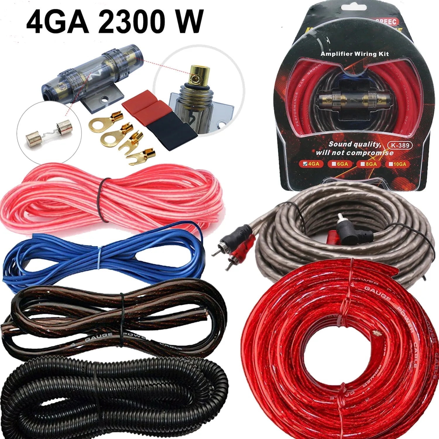 2300W 4 Gauge Car Audio Cable Kit Amplifier Install Amp RCA Subwoofer ...