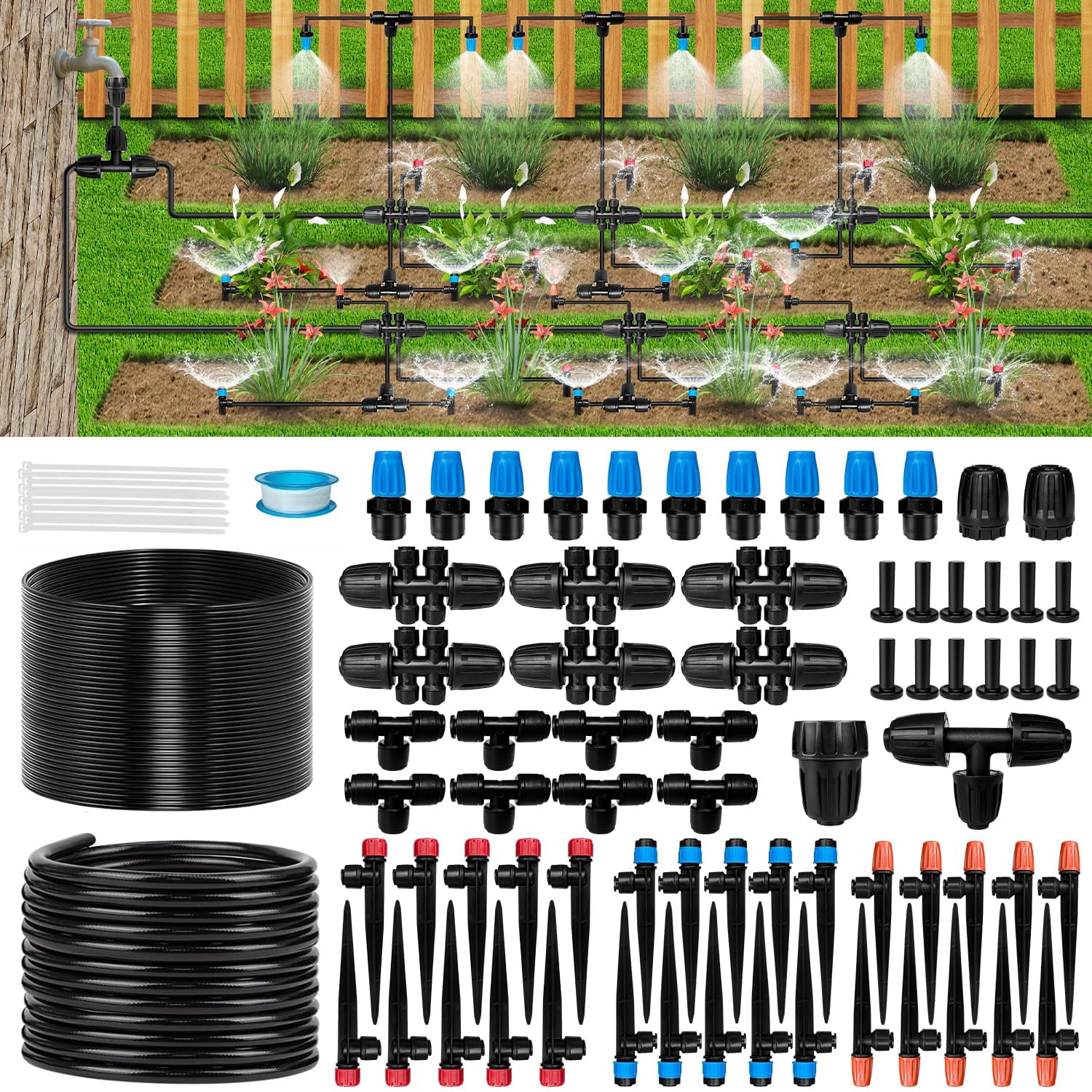 230FT Drip Irrigation System for Garden with 40 Nozzles & Emitters ...