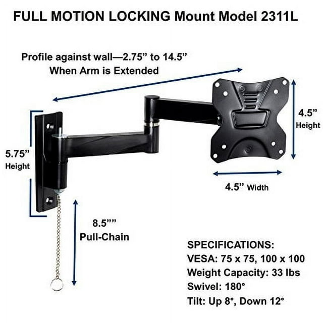 2311L Locking RV TV Mount Lockable Full Motion TV Wall Mount Easy to ...