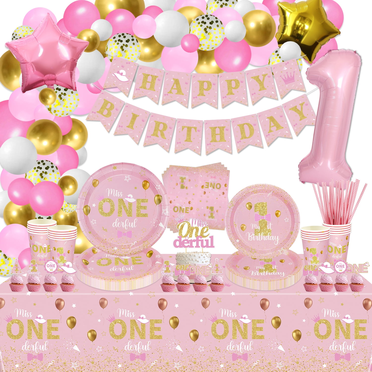 232 PCS Miss Onederful Birthday Decorations - Pink Gold Birthday Plates ...