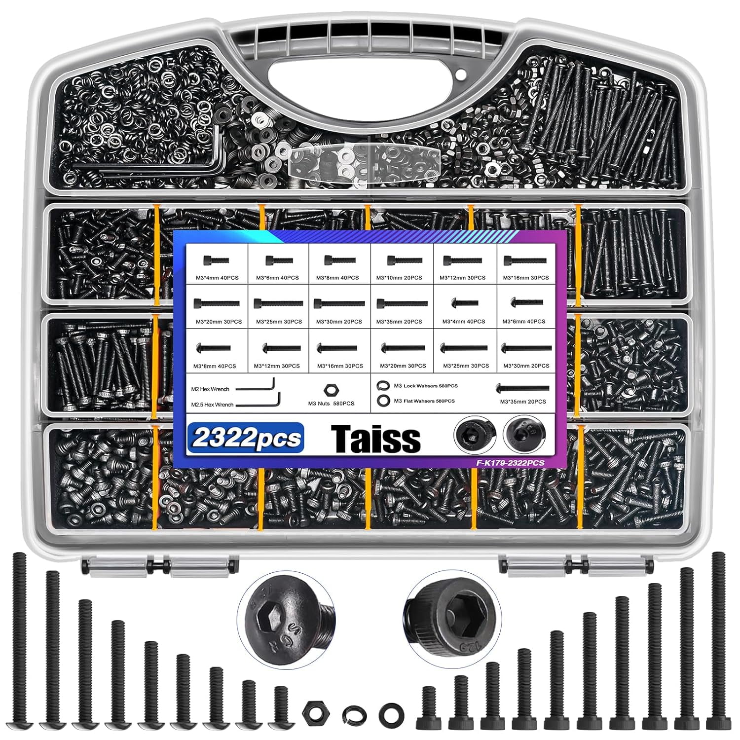 2322PCS M3 Screw Kit,Metric Screws Assortment M3x4MM-35MM Nuts and ...