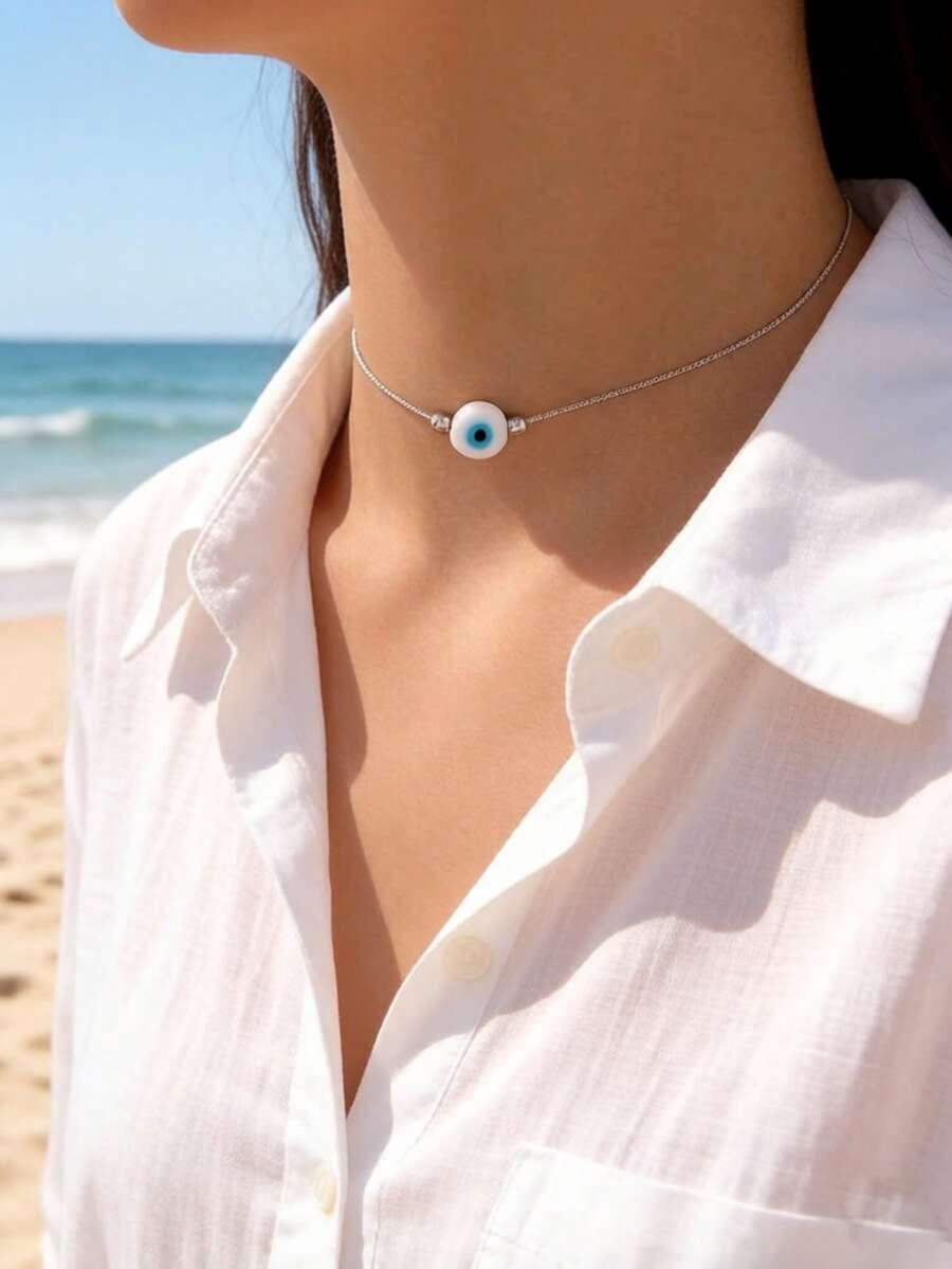23270 Silver Cubic Zirconia Evil Eye Charm Choker Necklace - Walmart.com