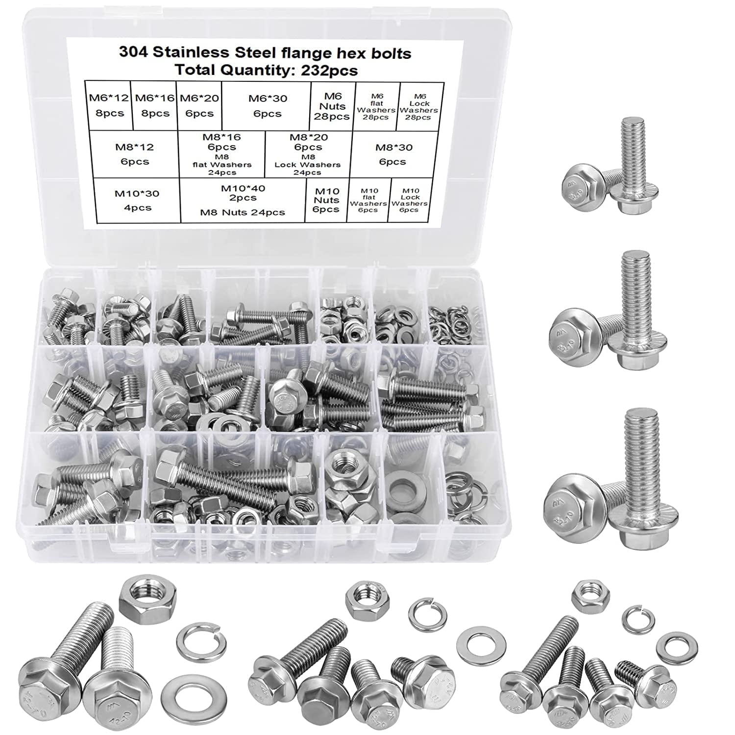 232Pcs Hex Flange Bolts and Nuts Kit M6/M8/M10, 304 Stainless Steel Metric Nuts and Allen Wrench ...