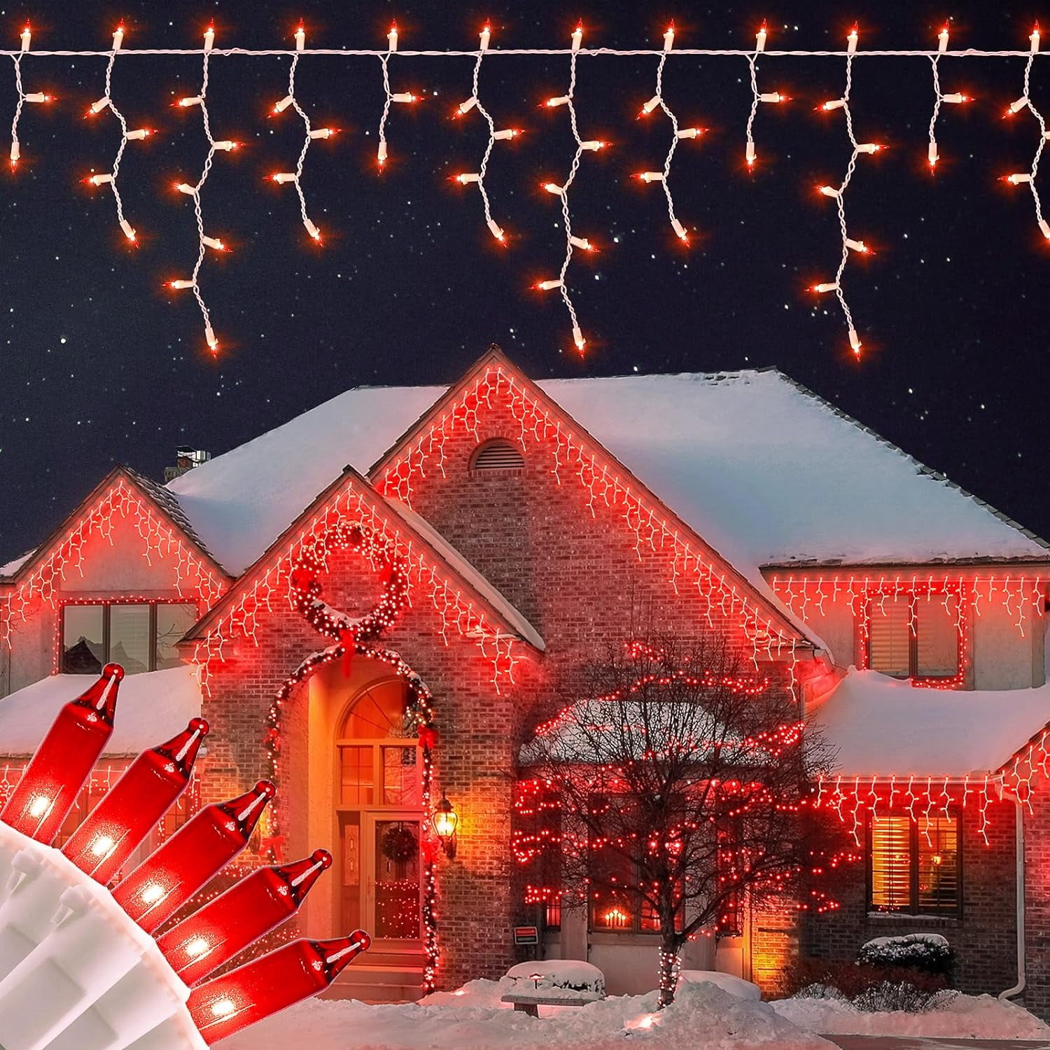 23FT 200Count Red Icicle Lights,White Wire Icicle Mini Lights Plug in ...