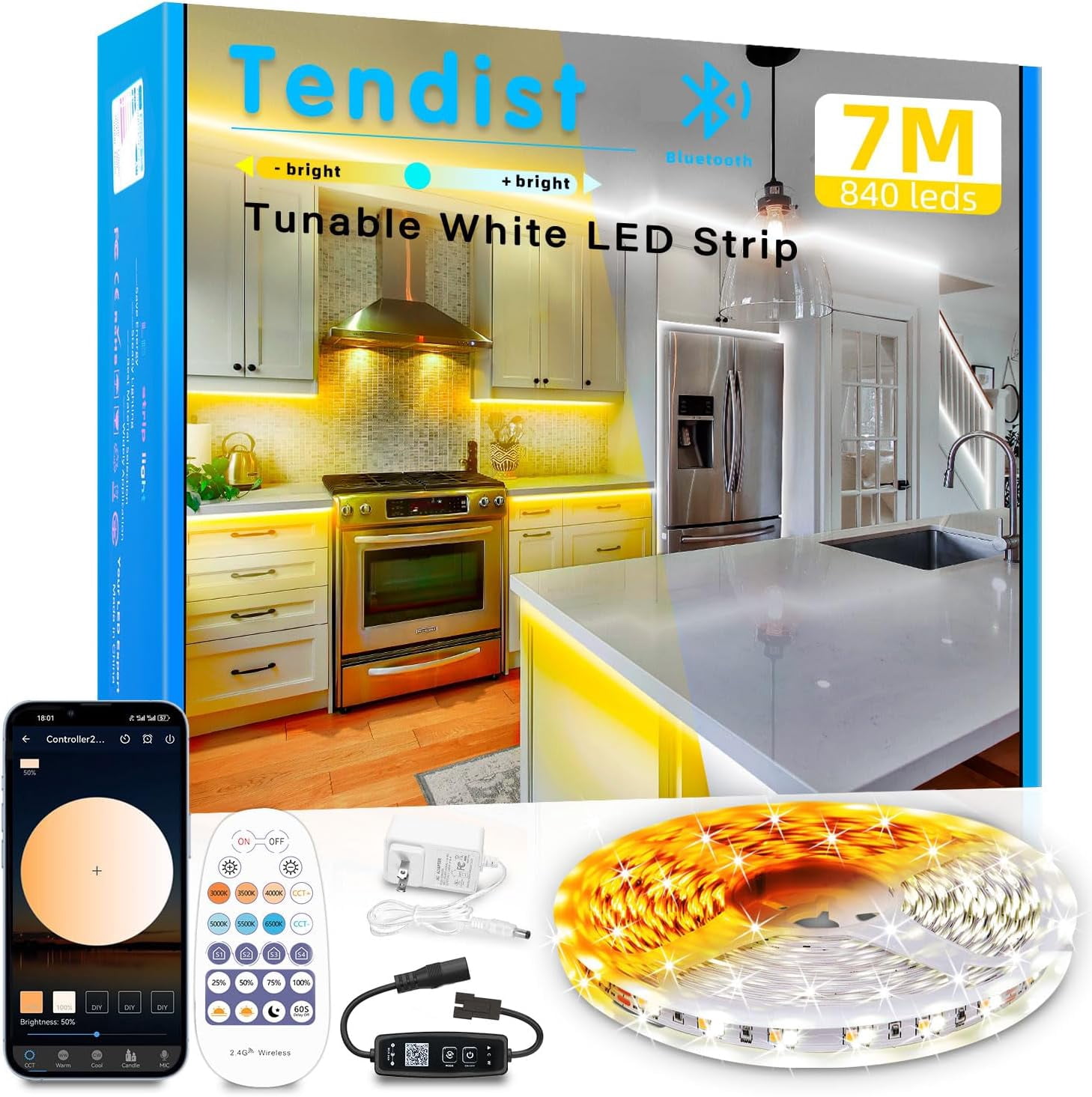 23FT White LED Strip Lights 3000K-6500K, Tendist Light Strip Cool and ...