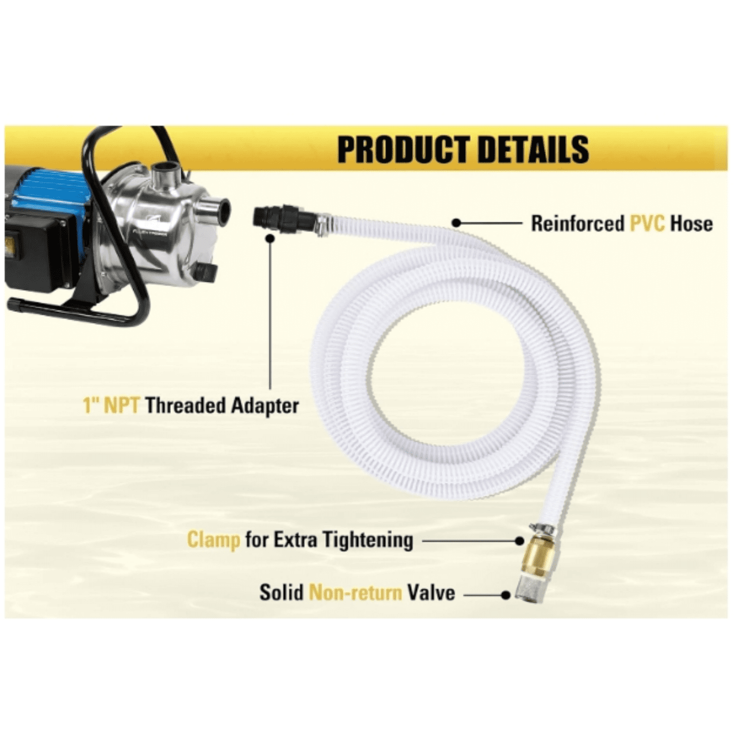 23FT x 1" Suction Hose Kit with Brass Fitting Check Valve and NPT 1 ...