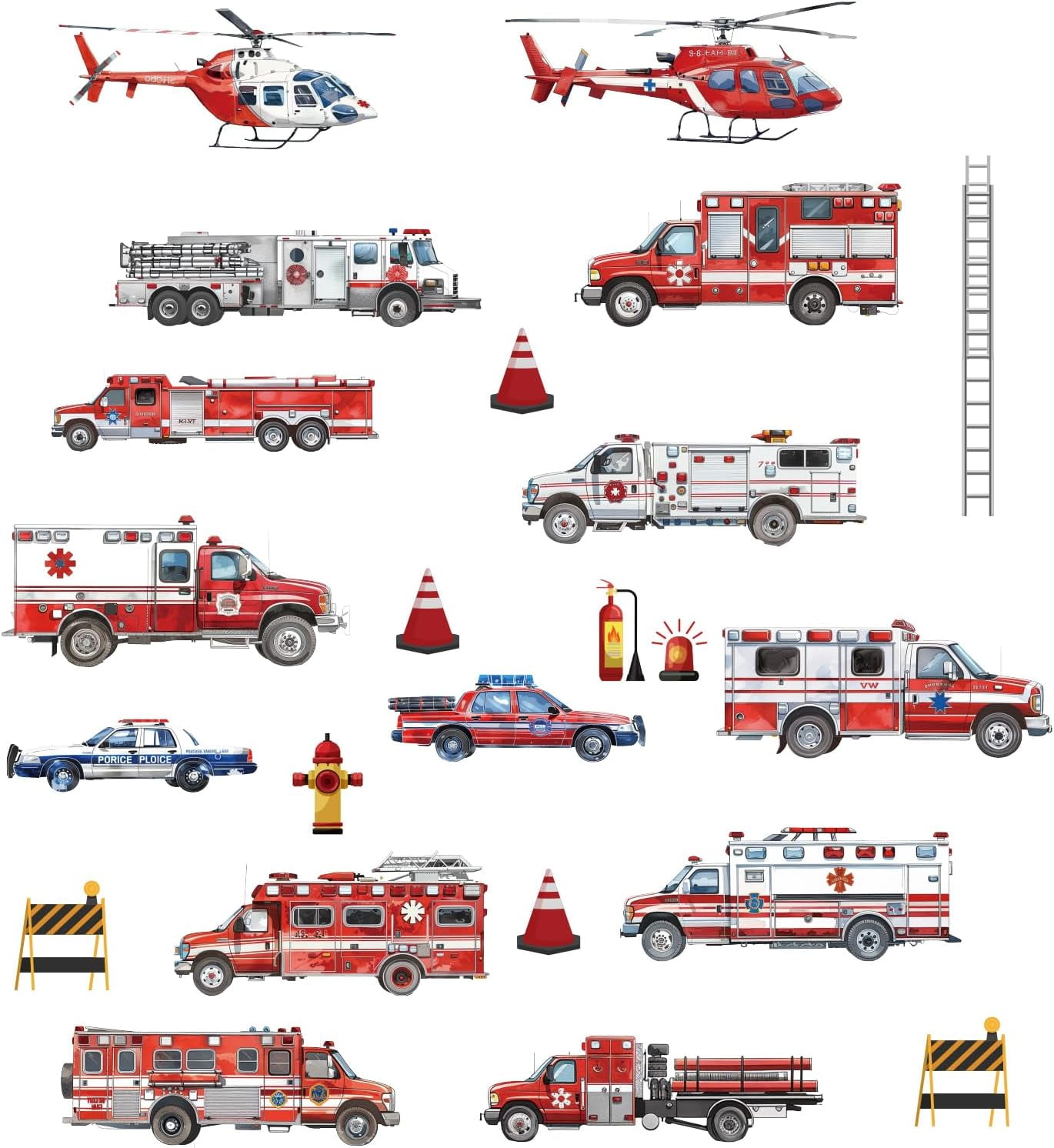 23Pcs Transportation Cars Wall Decals Watercolor Fire Trucks Helicopter ...