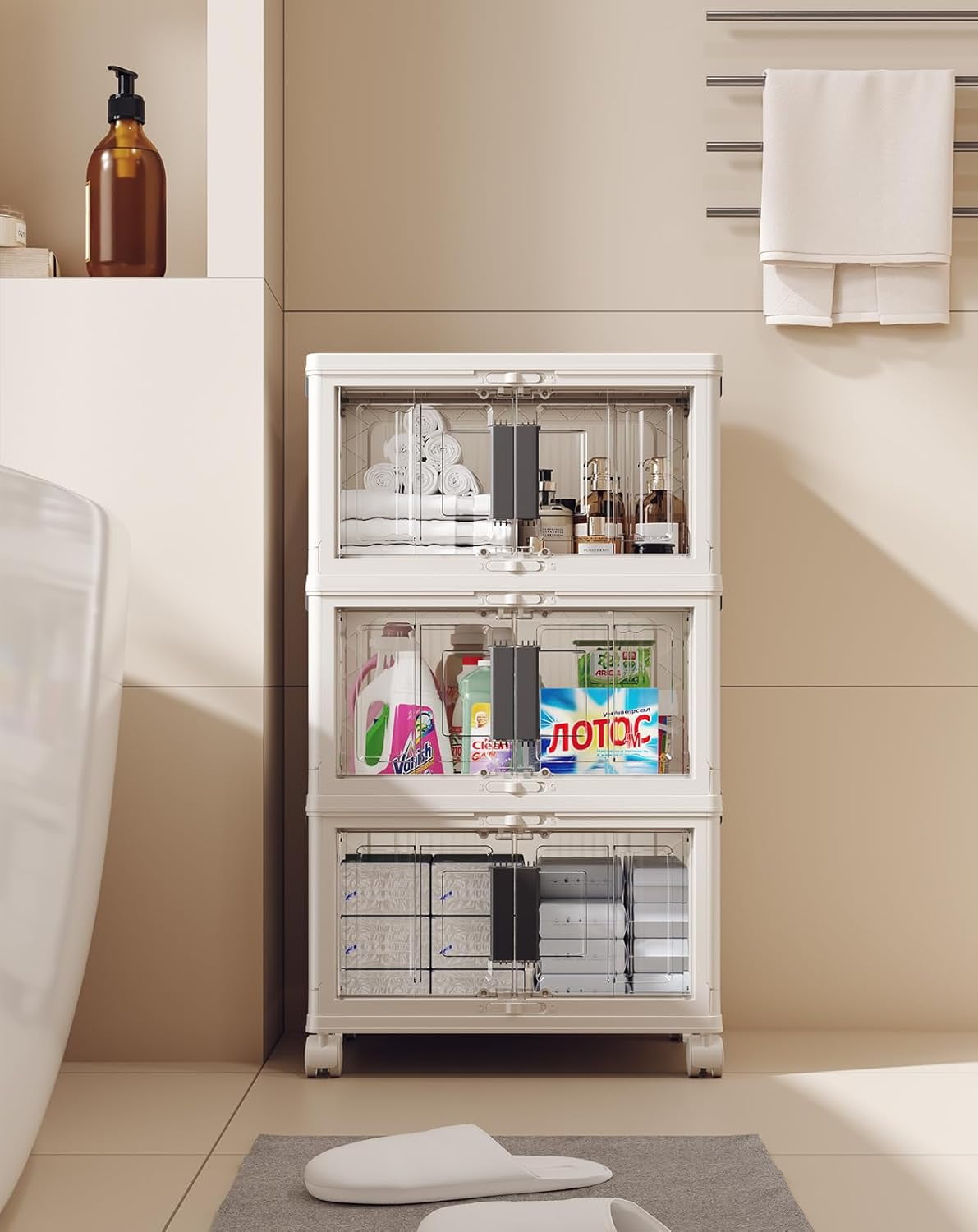 23QT Stackable Storage Bins with Lids - Folding Storage Box with Doors ...