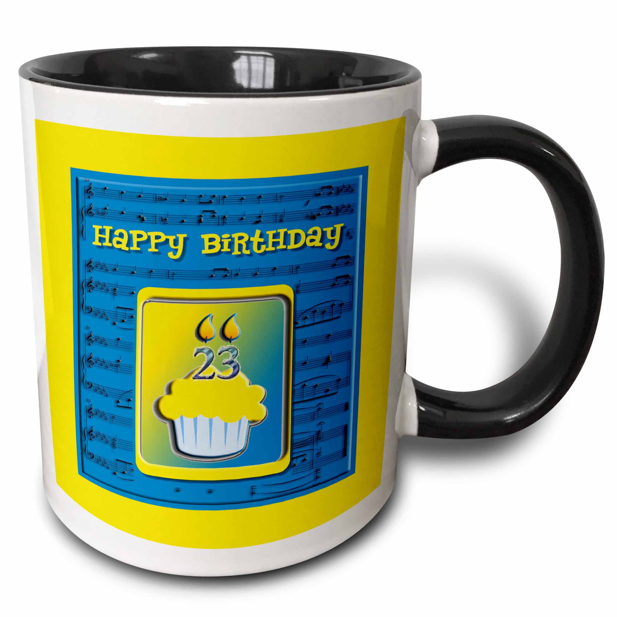 3drose, 23rd Birthday Cupcake on Music Notes, Blue and Yellow, 11oz Two ...