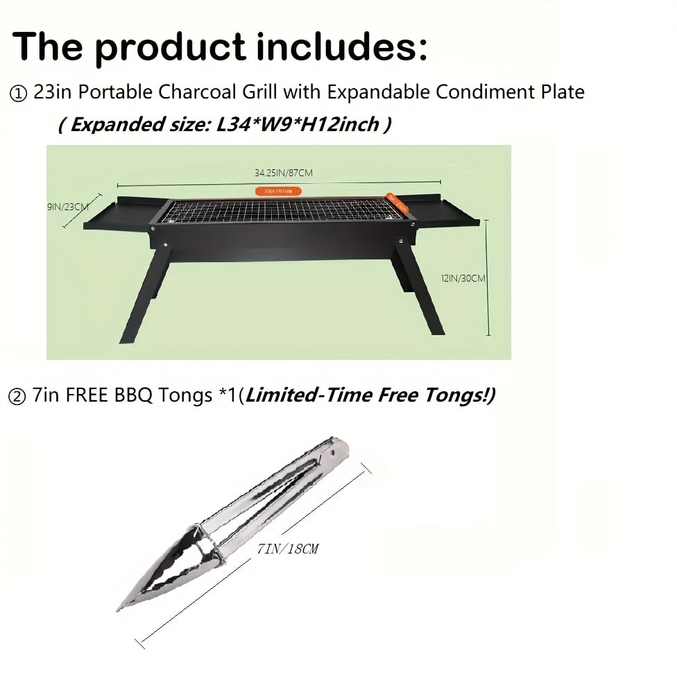 23in Portable Charcoal Grill – FREE BBQ Tongs Included! Foldable ...