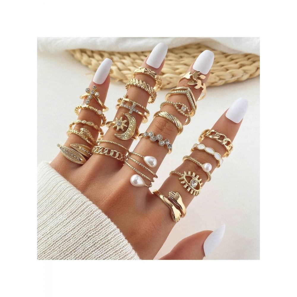 23pcs Vintage Goldtone Wheat Ear & Pearl Eye Ring Set For Women ...