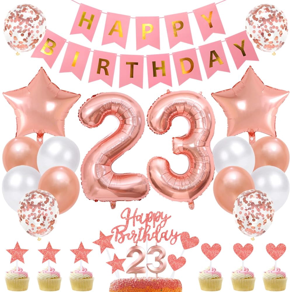 23th Birthday Decorations Rose Gold Happy Birthday Banner Balloon Stars ...