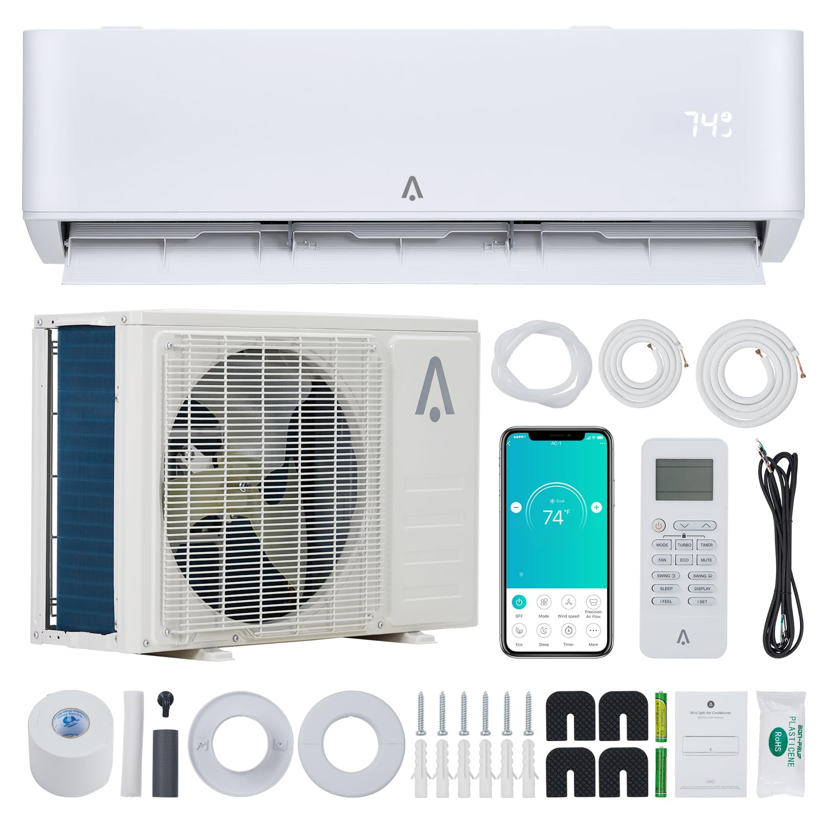 24,000 BTU Mini Split AC, 23 SEER2 WiFi, Efficient Heating, Pre-Charged ...