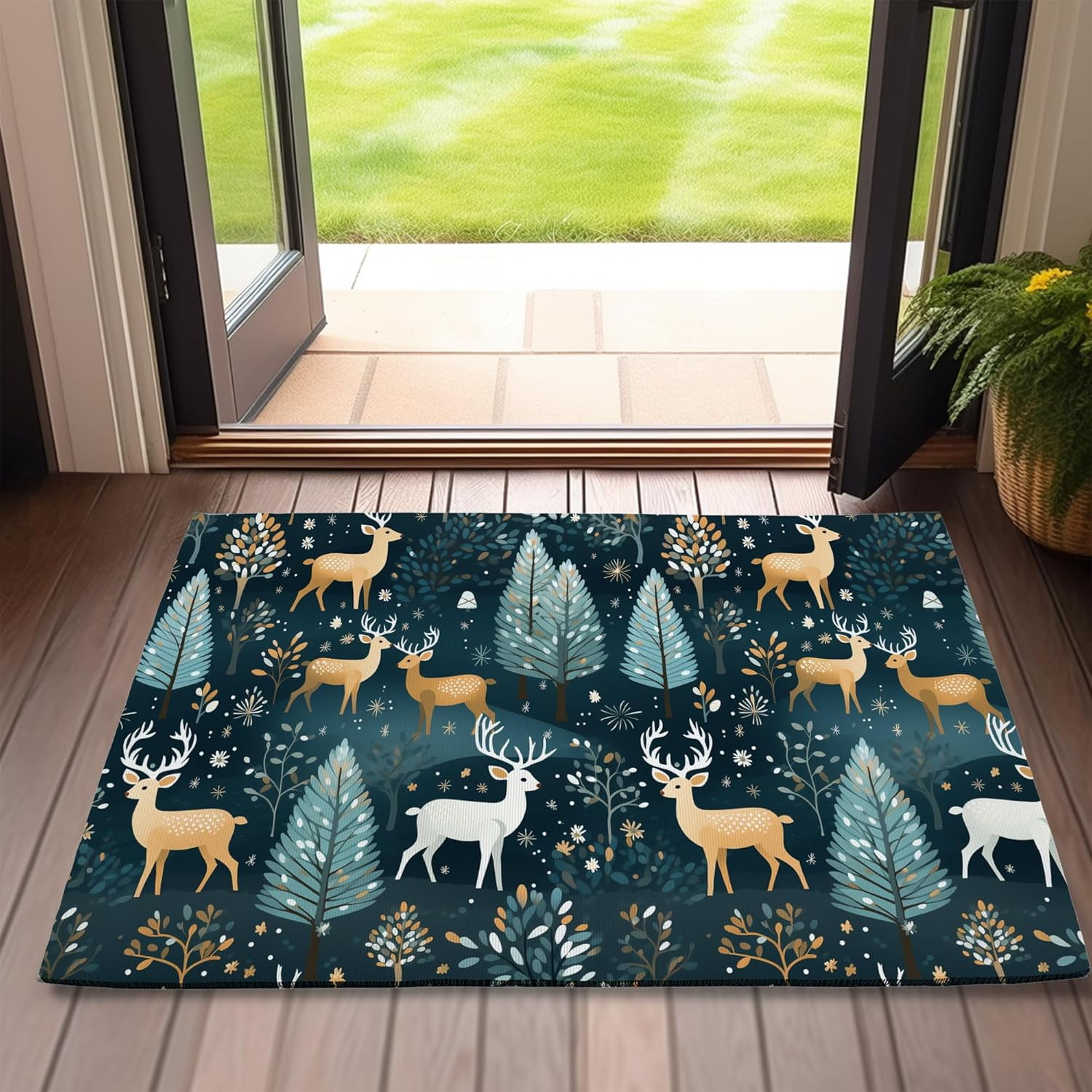 24*16inches Forest Deer Front Door Mat ,Forest Trees Doormats Indoor ...