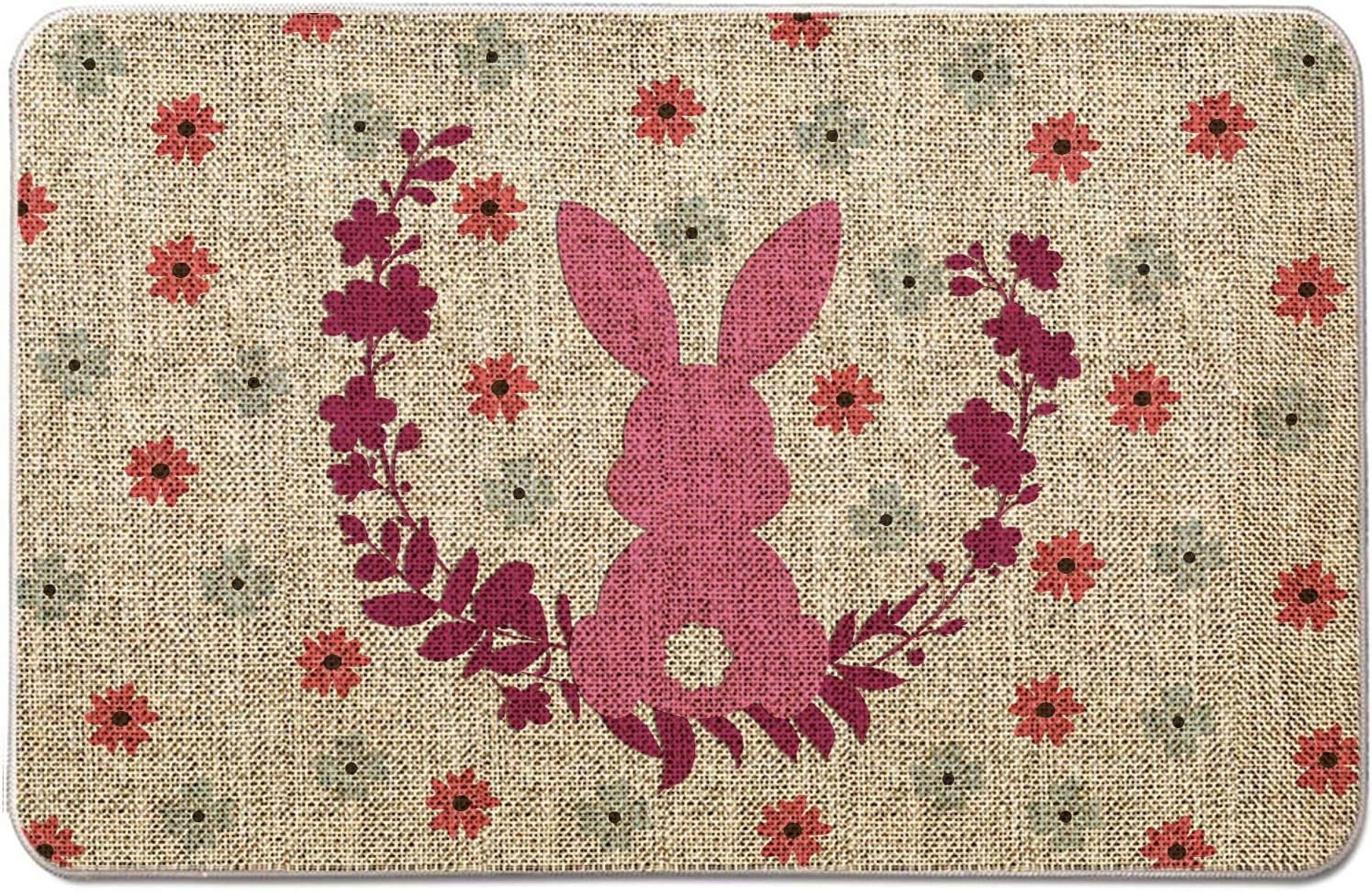 24*16inches Happy Easter Door Mat Pink Bunny Rabbit Floral Holiday ...