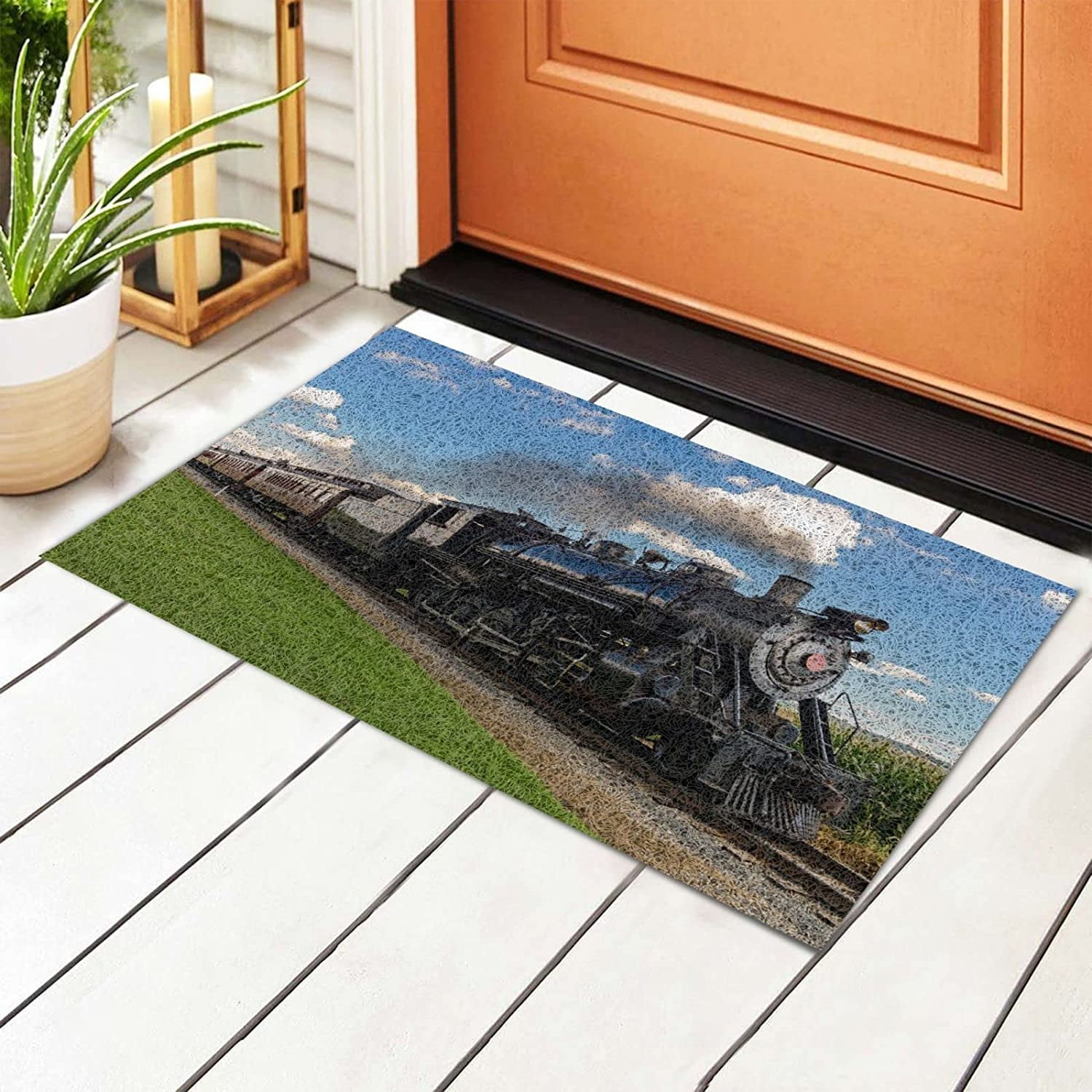 24*16inches Welcome Mats for Front Door Steam Train Doormat Non-Slip ...