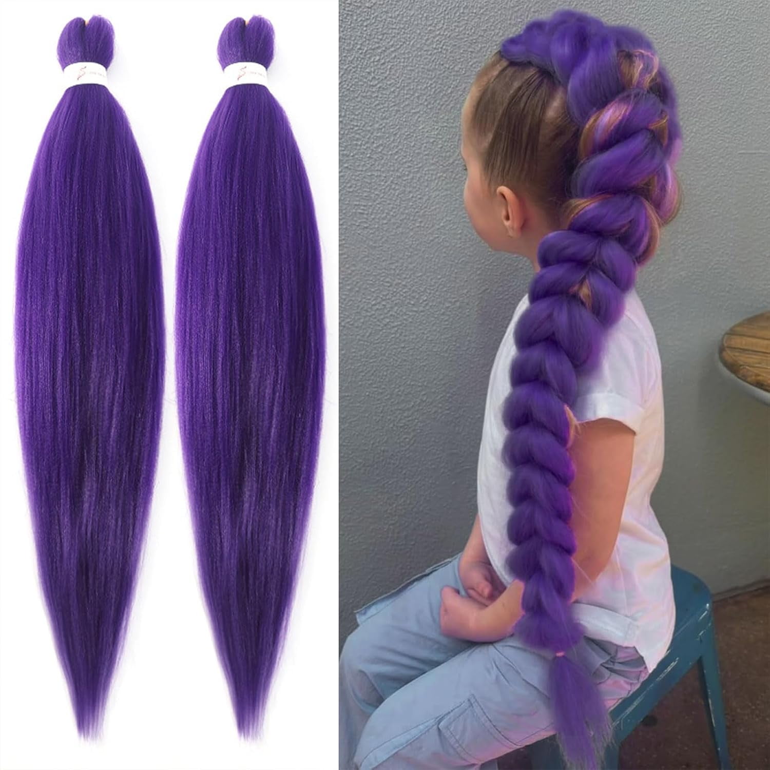 24" 2 Packs Long Purple Braiding Hair Pre Stretched Synthetic Braiding ...