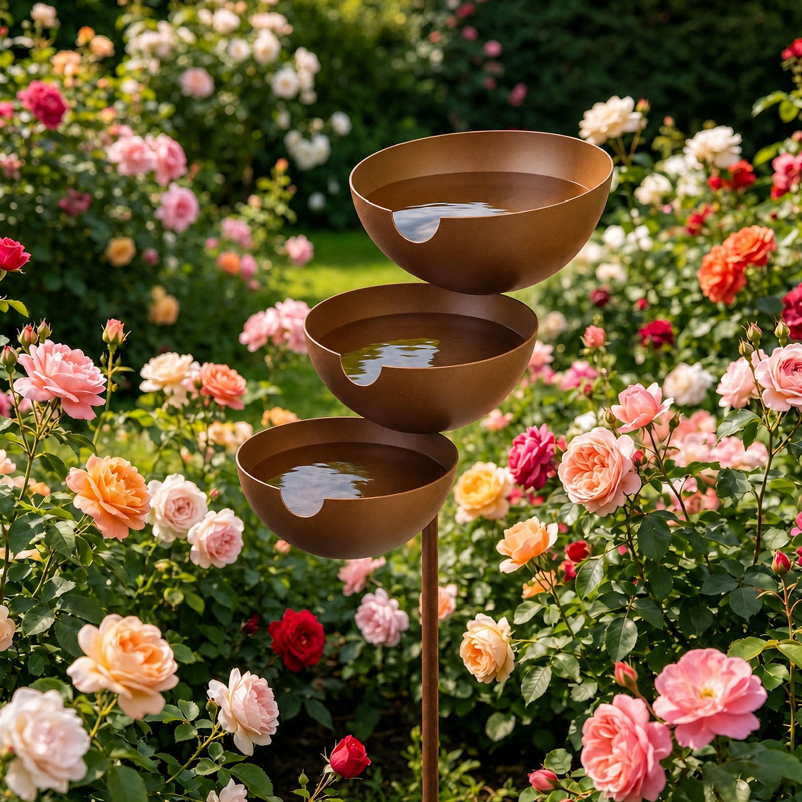 24" 3-Tier Rain Catcher Bird Bath Stake, Rustic Farmhouse Iron Bird ...