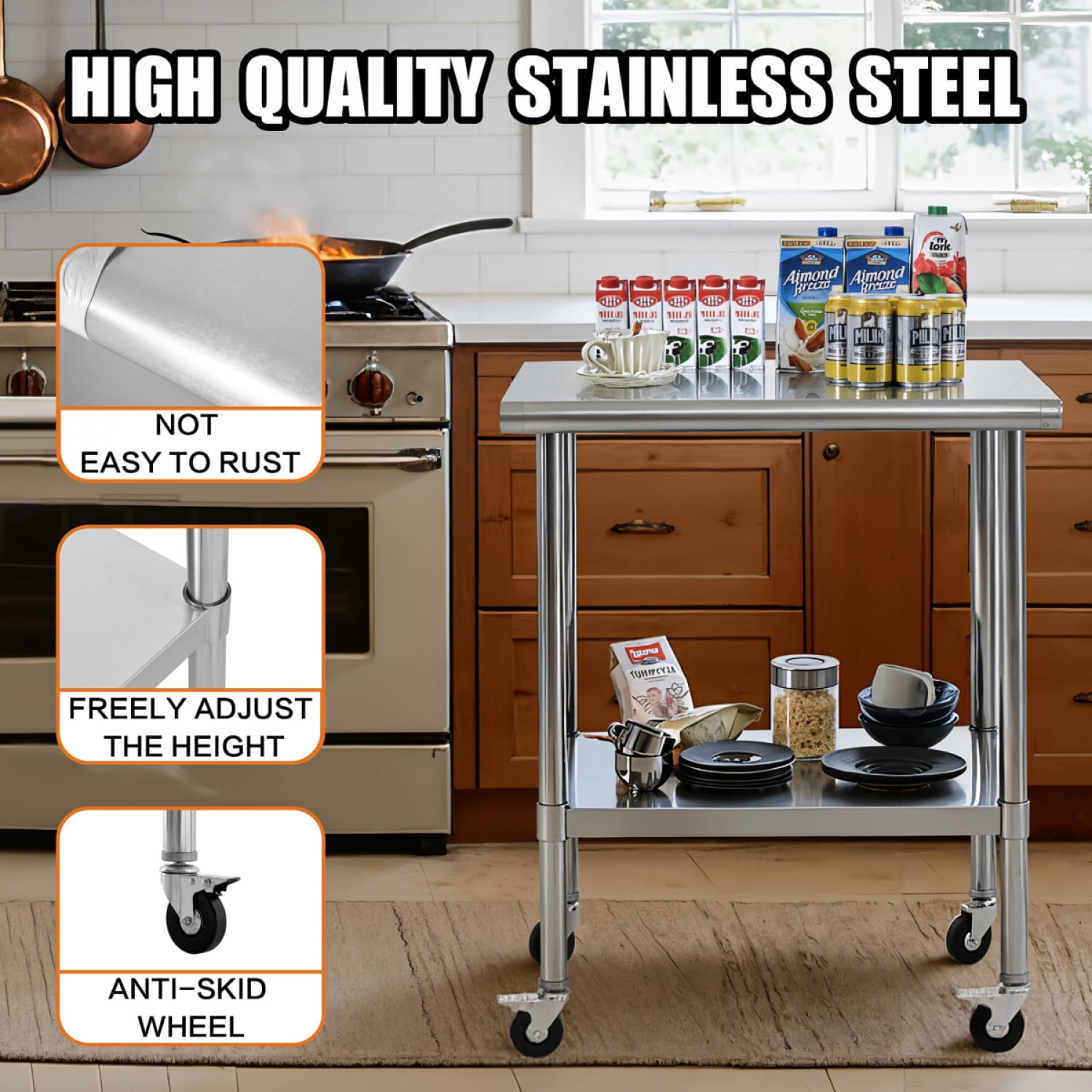 24×30×33.4 Inch NSF Commercial Stainless Steel Prep Table with Lockable ...