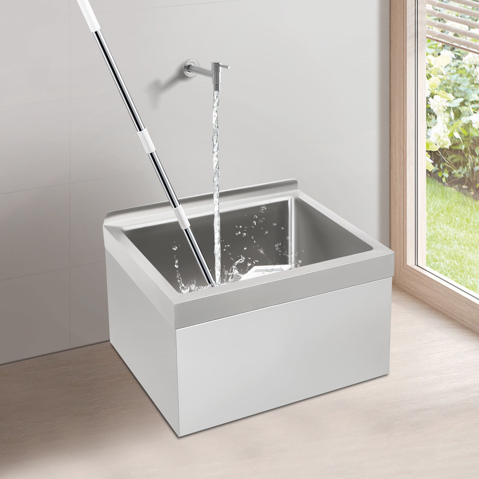 24" 304 Stainless Steel Wall-Mounted Commercial Mop Sink with 9" Deep ...