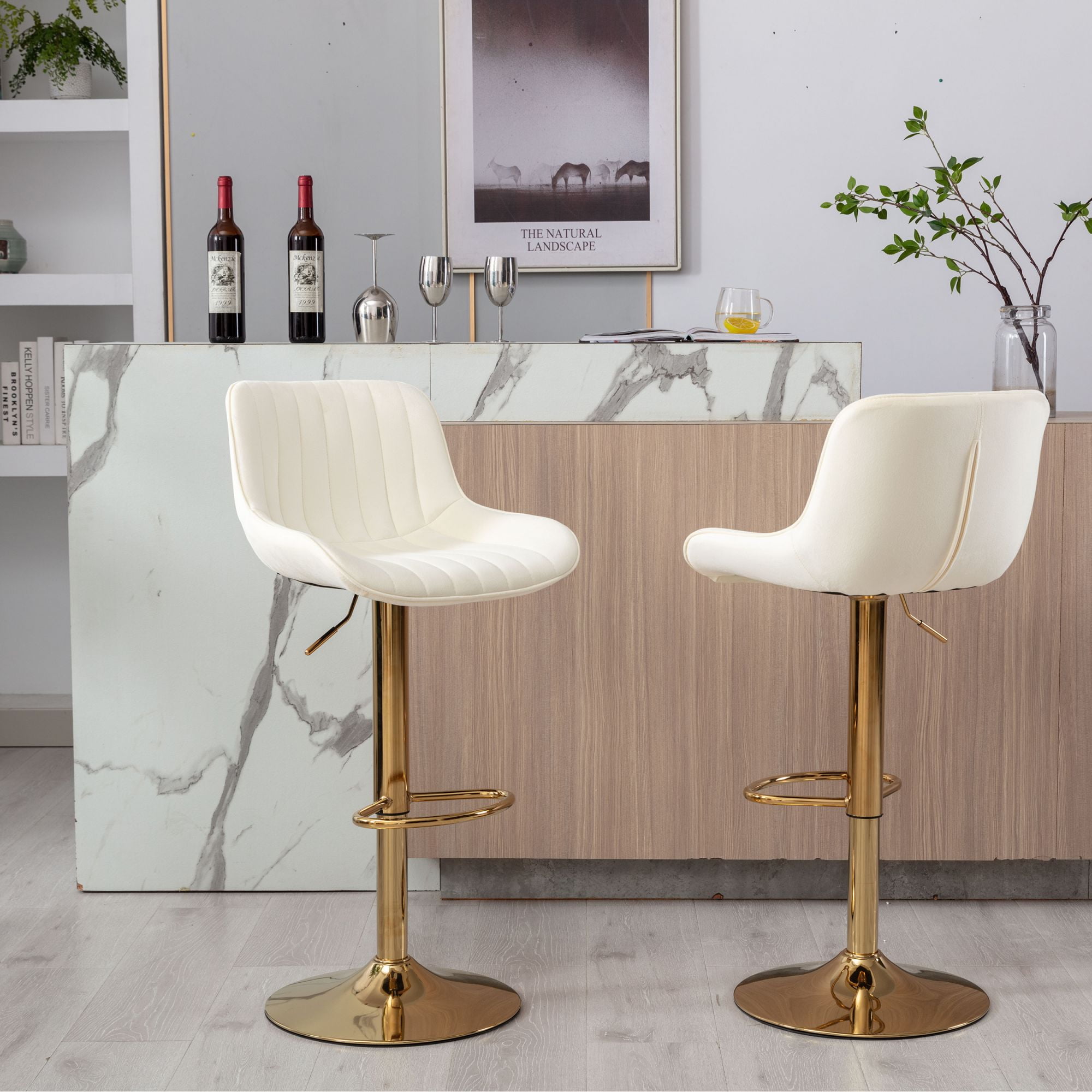 24-32 Inch Velvet Bar Stools, Counter Height Adjustable Swivel Barstools High Bar Chairs with ...